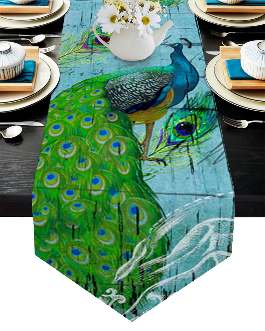 Peacock Hydrangea Retro Watercolor Modern Table Runner Home Table r ...