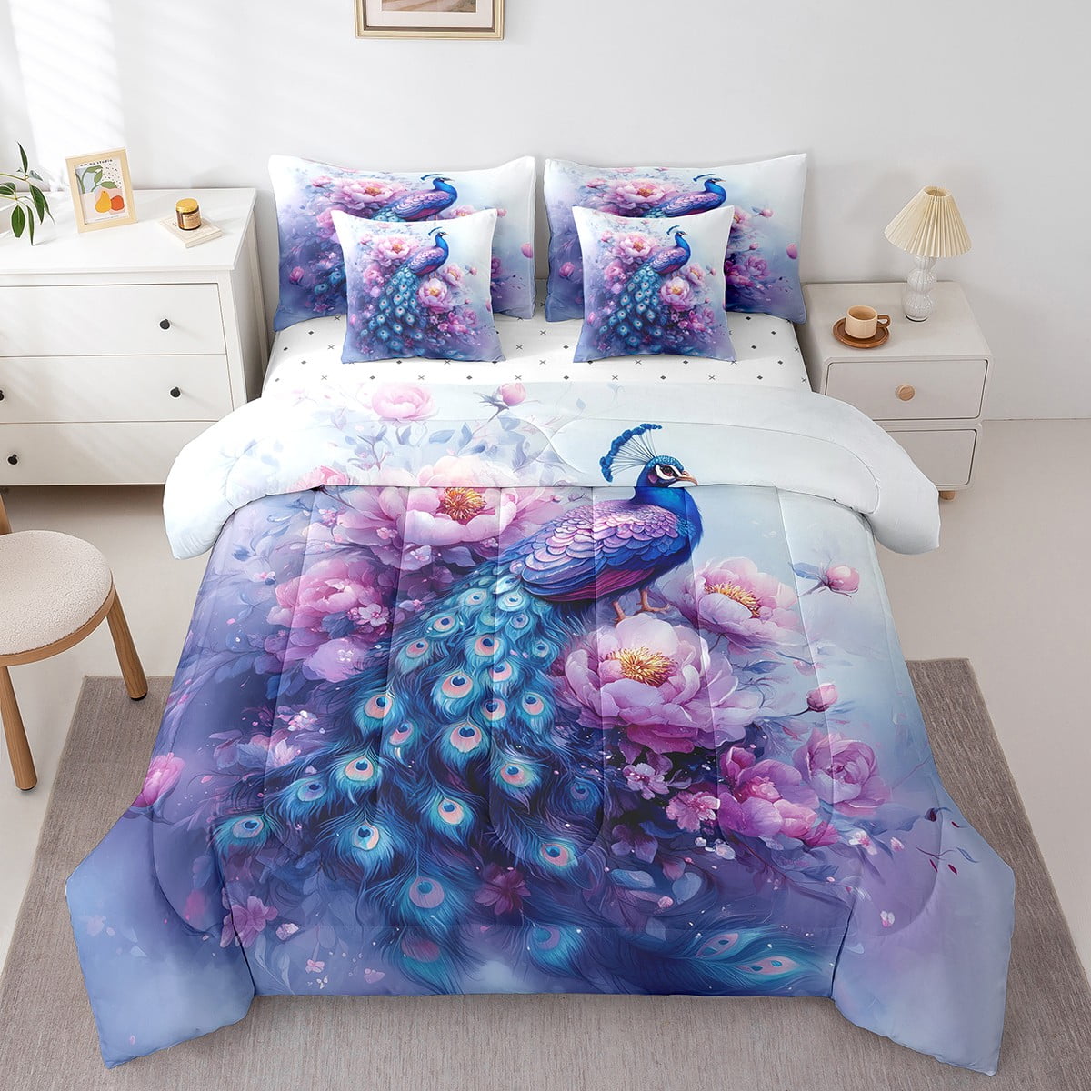 Peacock King Comforter Set Bohemian Flowers 7 Pieces Bedding Set for ...