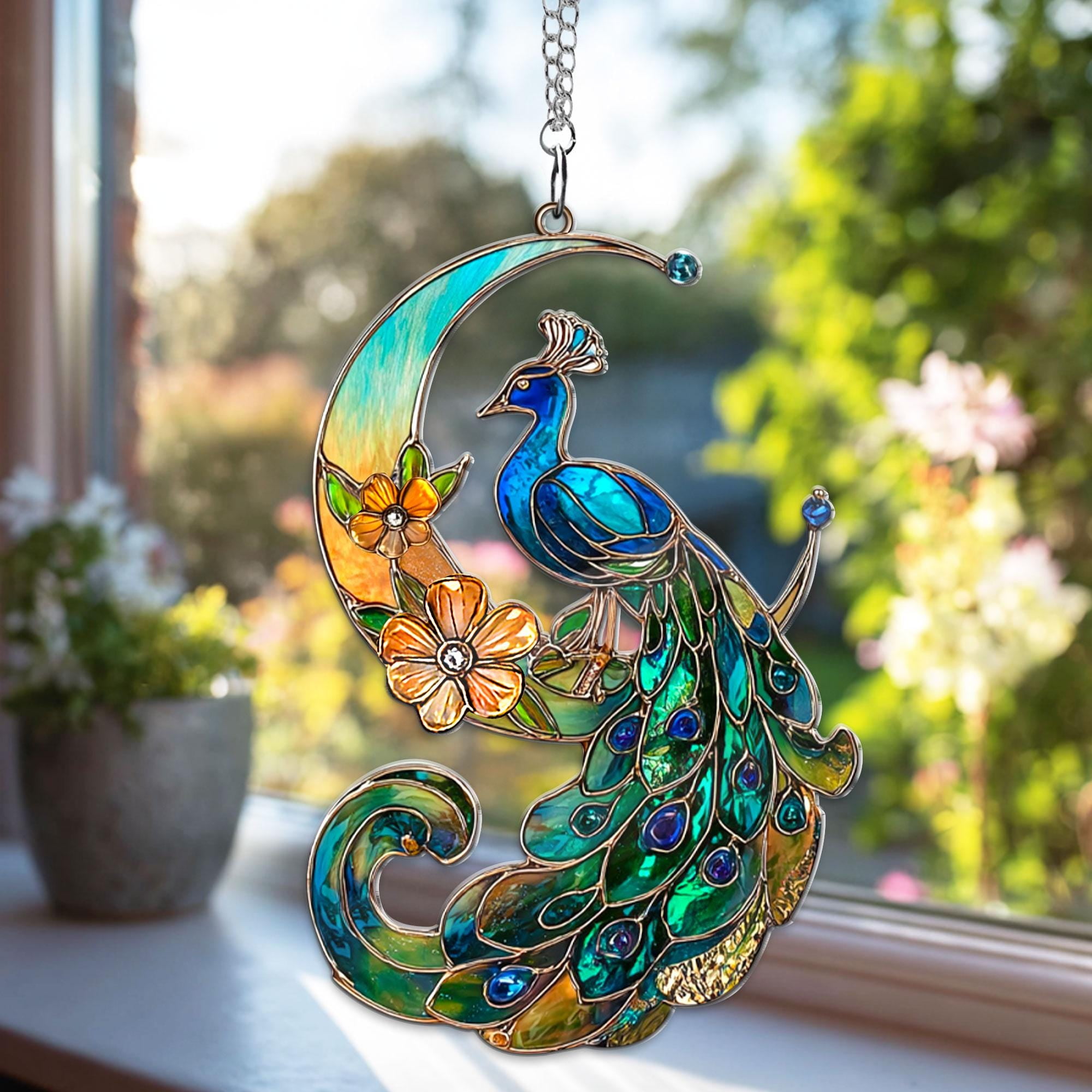 Peacock Moon Faux Stained Glass Suncatcher ? Peacock Art Window Hanging ...