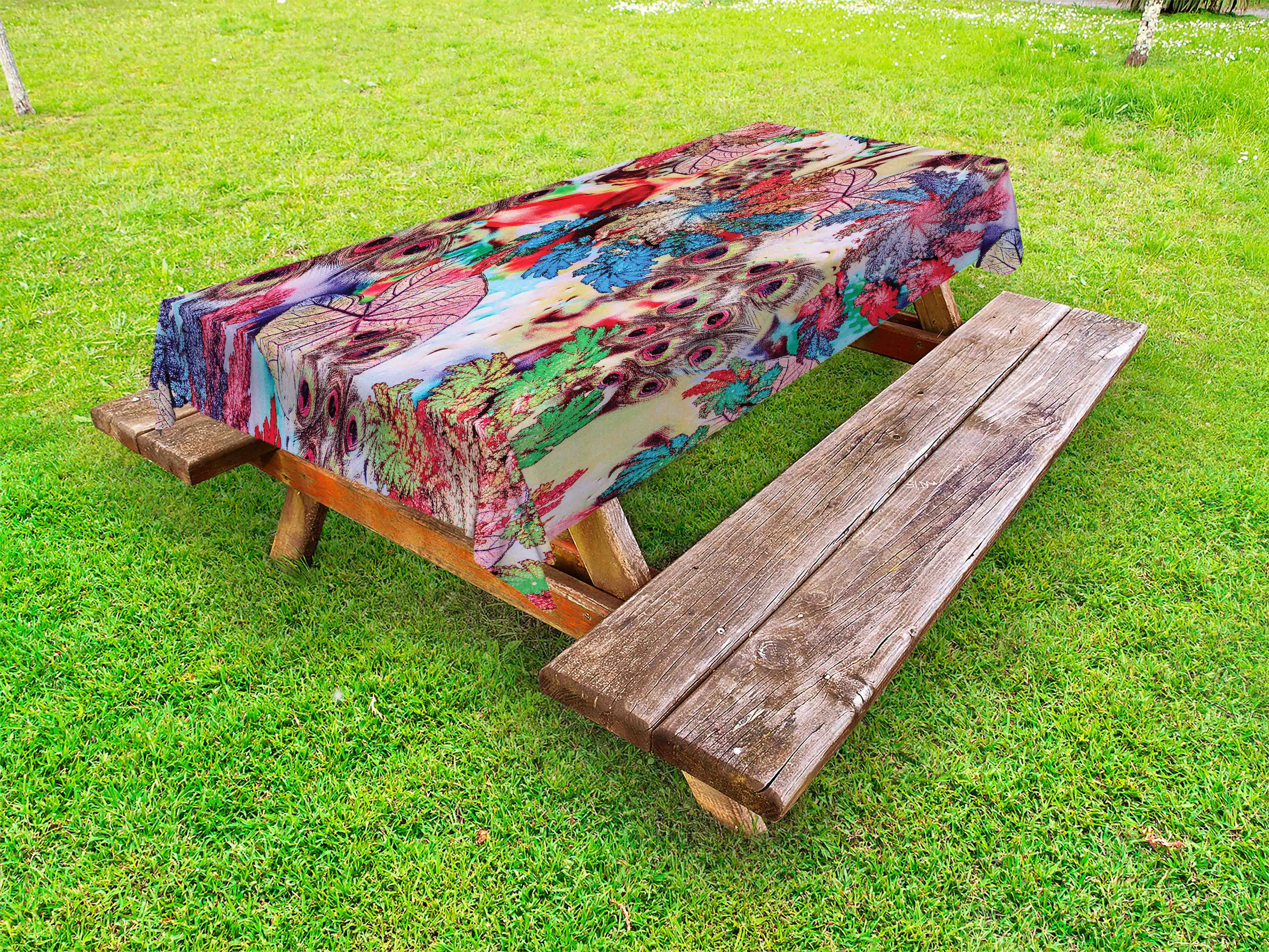 Peacock Outdoor Tablecloth, Colorful Floral Artwork with Peacock ...