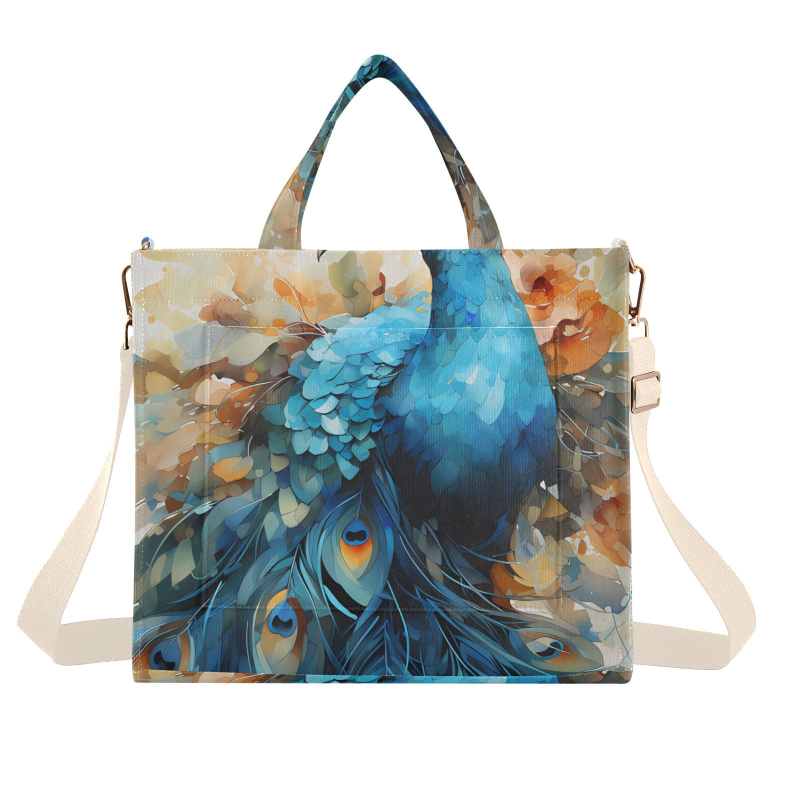 Peacock Painting Flowers Corduroy Tote Bag Handbag Large Messenger Bag ...