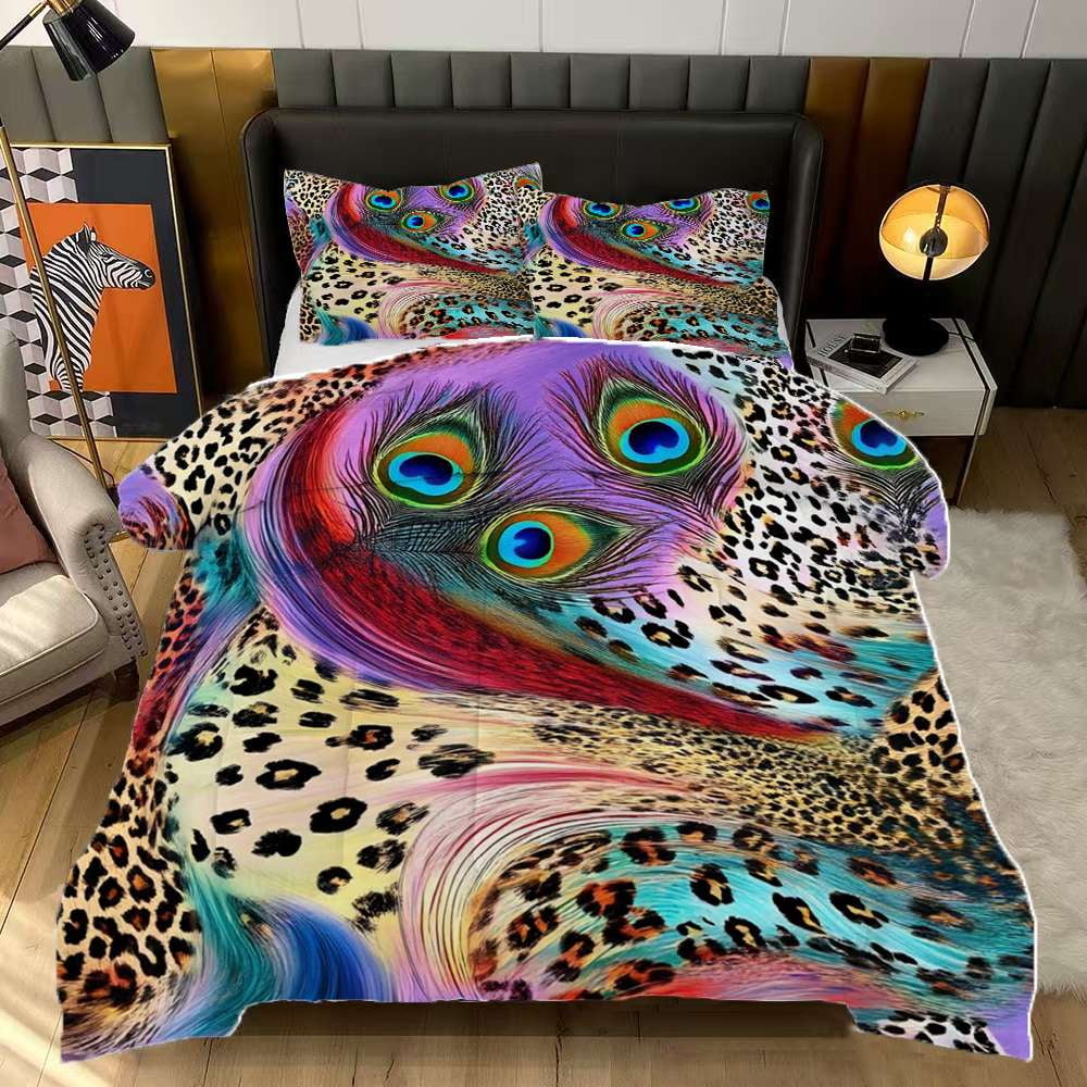 Peacock Plumage Leopard Print Swirl Art Comforter Set King Size Bedding ...