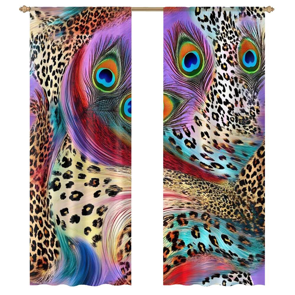 Peacock Plumage Leopard Print Swirl Art Modern Tulle Window Curtains ...