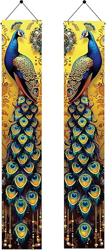 Peacock Porch Banners 71x12 Inch Elegant Golden Peacock Decorations ...