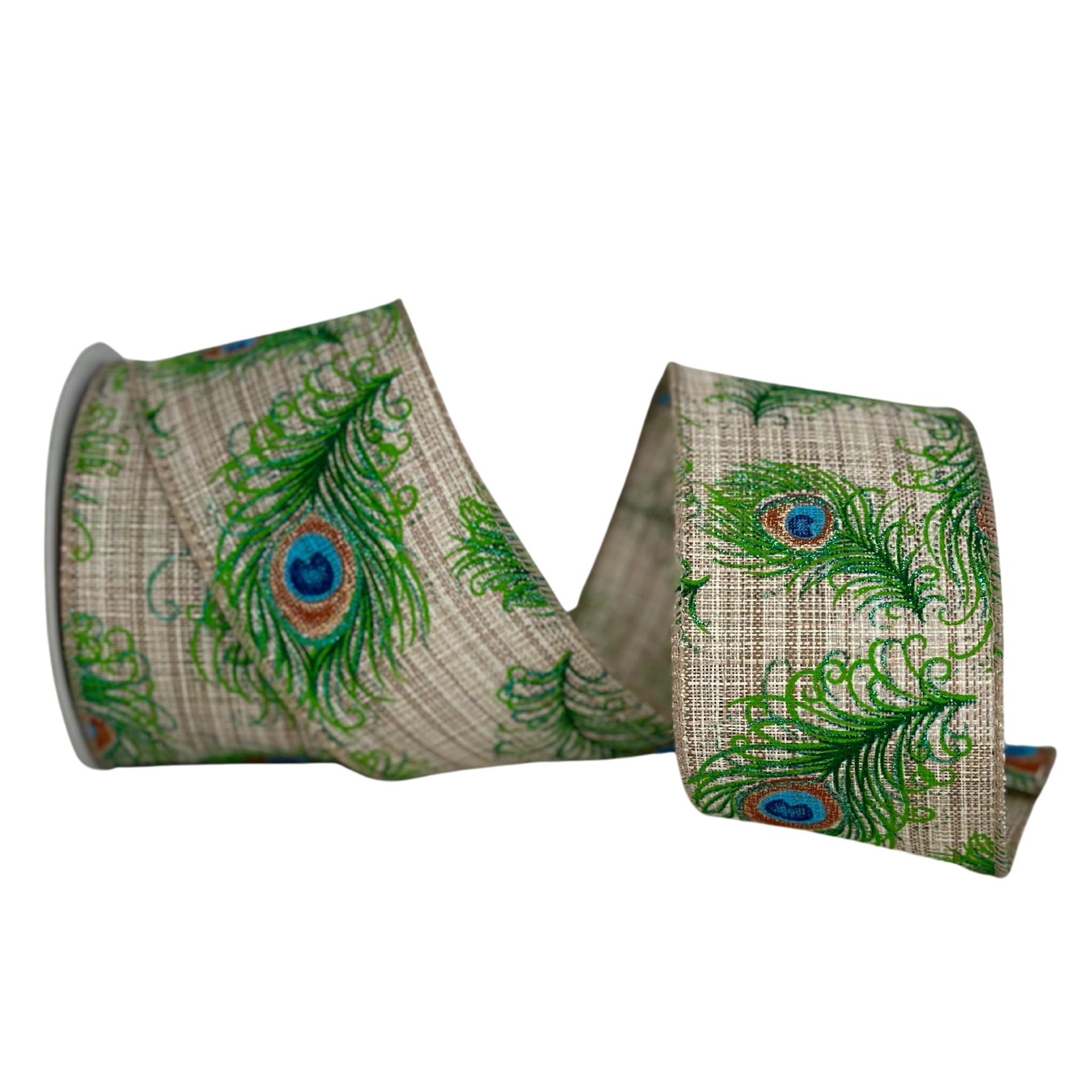Peacock Print on Beige Christmas Wired Ribbon - 2 1/2 inch x 10 Yards ...