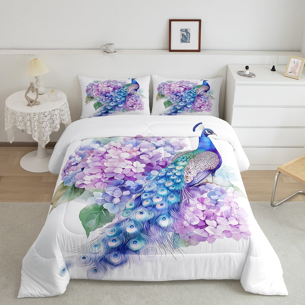 Peacock Queen Comforter Set,Purple Hydrangea Floral Down Comforter ...
