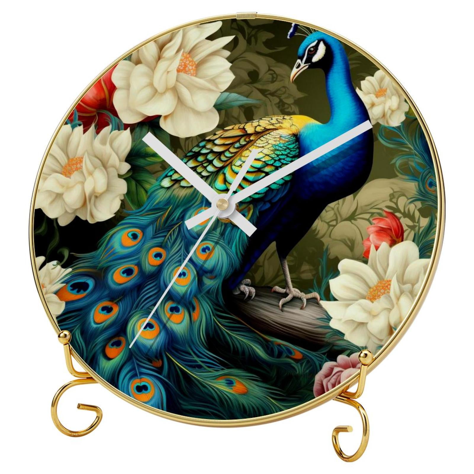 Peacock Round Printed Wall Clocks with Hooks and Gold Stand - Silent ...