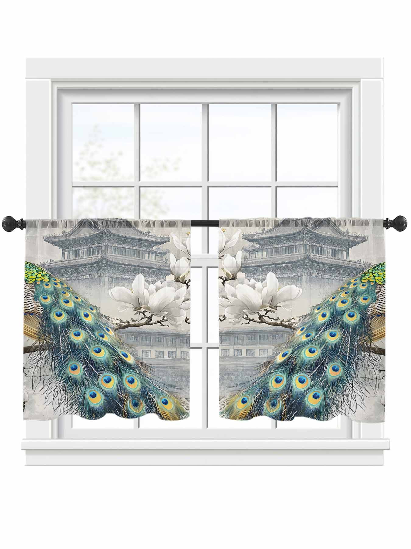 Peacock Sheer Curtains 2 Panels Set Retro Flowers Watercolor Attic ...
