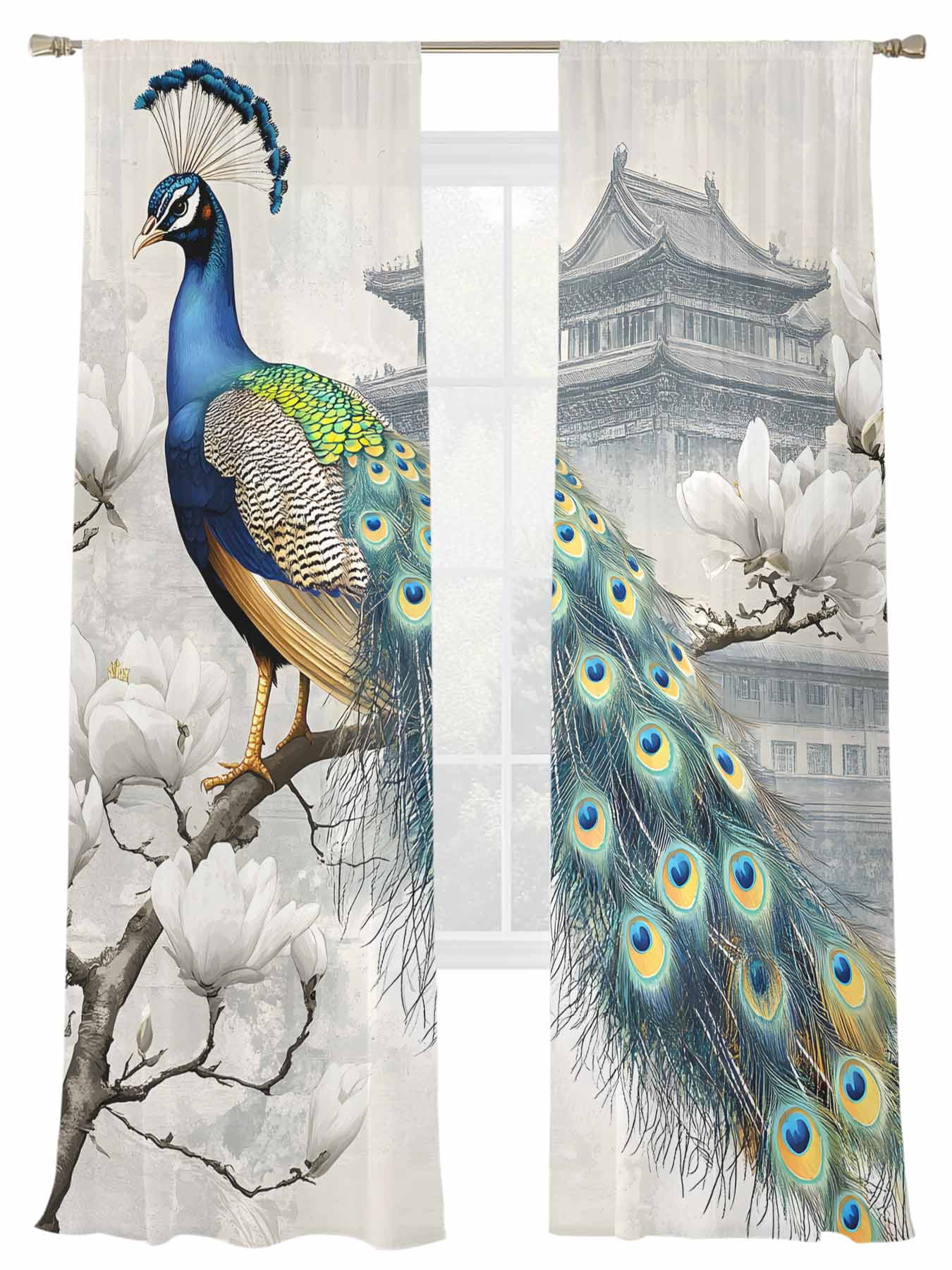 Peacock Sheer Curtains 2 Panels Set Retro Flowers Watercolor Attic ...