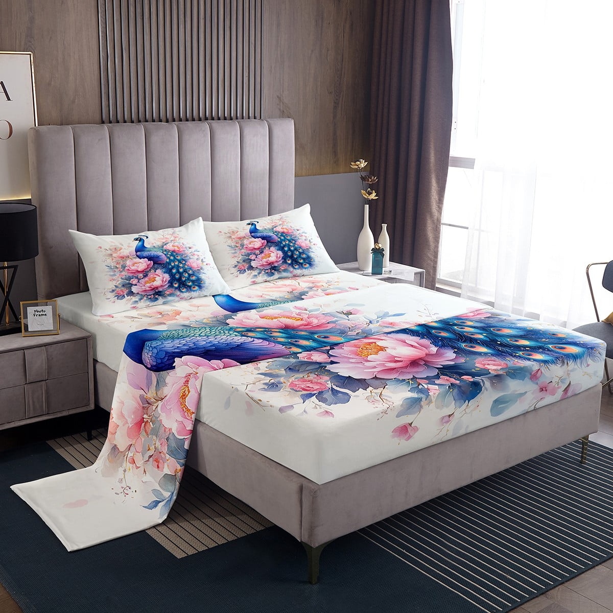 Peacock Sheet Set Exotic Birds Bohemian Full Sheets,Pink Flower Feather ...