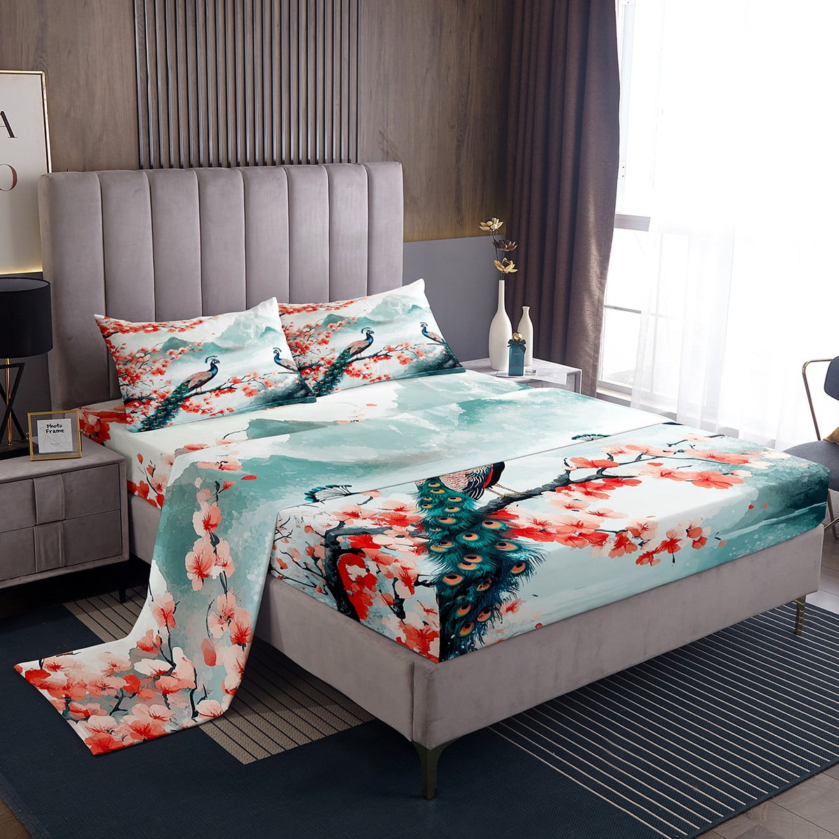 Peacock Sheets Queen,Japanese Bed Sheets Cherry Blossom Sheet Set For ...