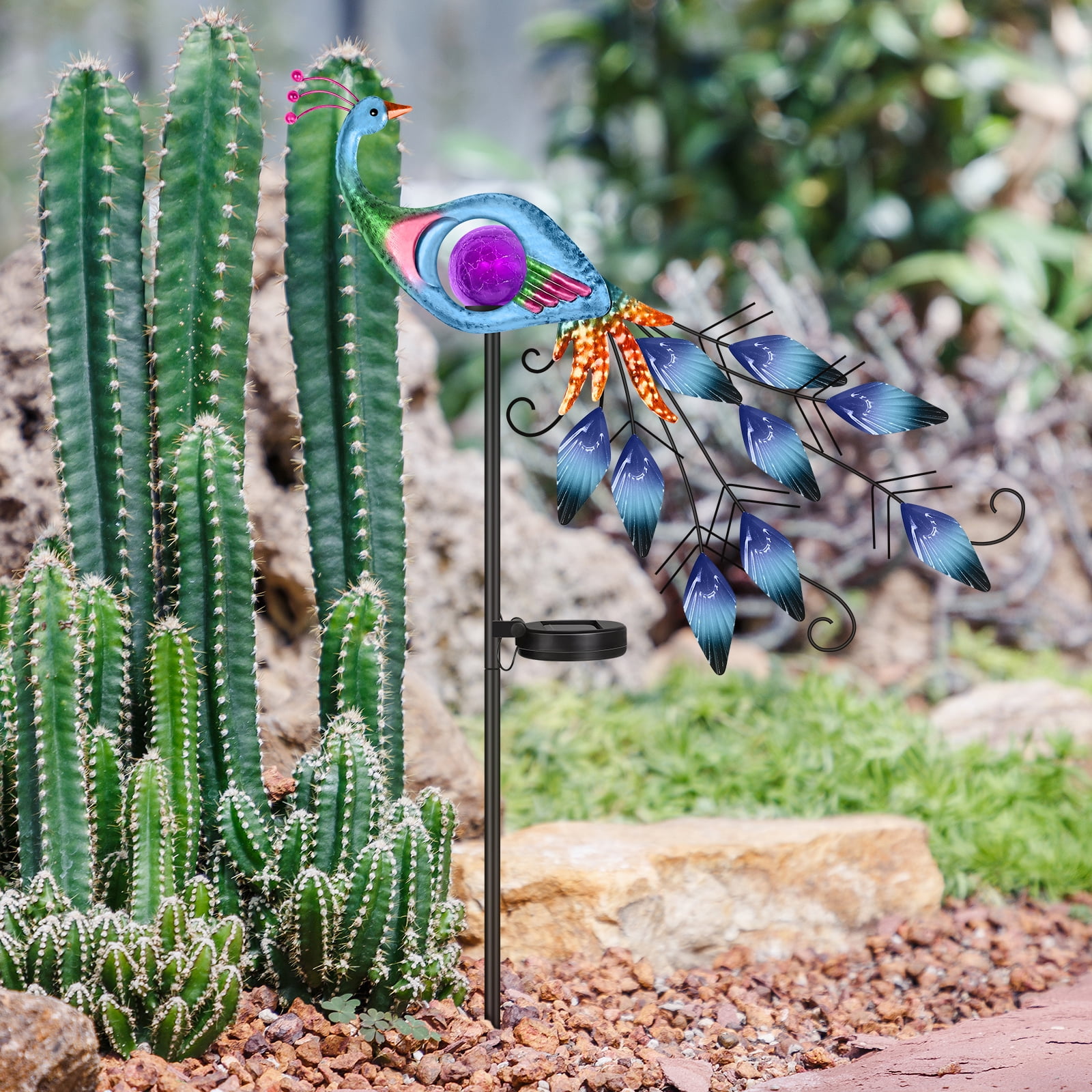 Peacock Solar Garden Stake Lights - Cracked Glass Ball Waterproof ...