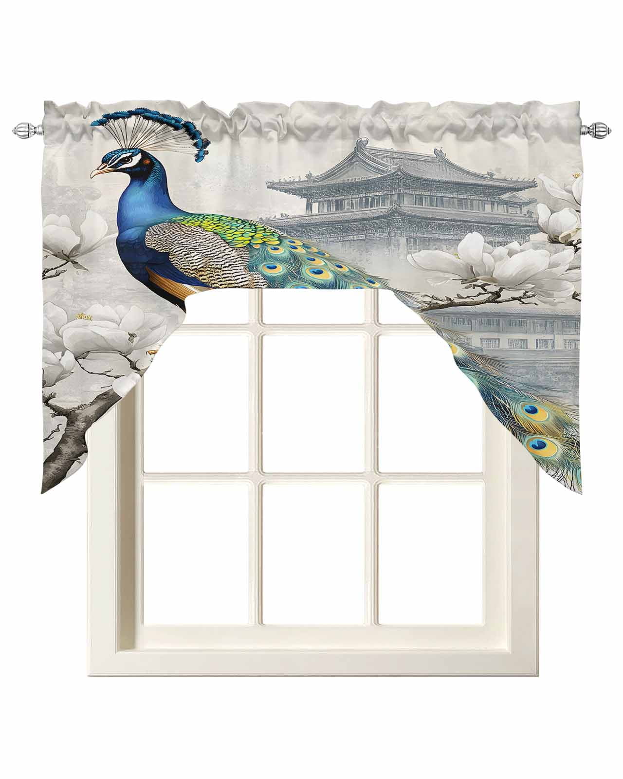 Peacock Swag Valance and Tier Curtains Set Retro Flowers Watercolor ...