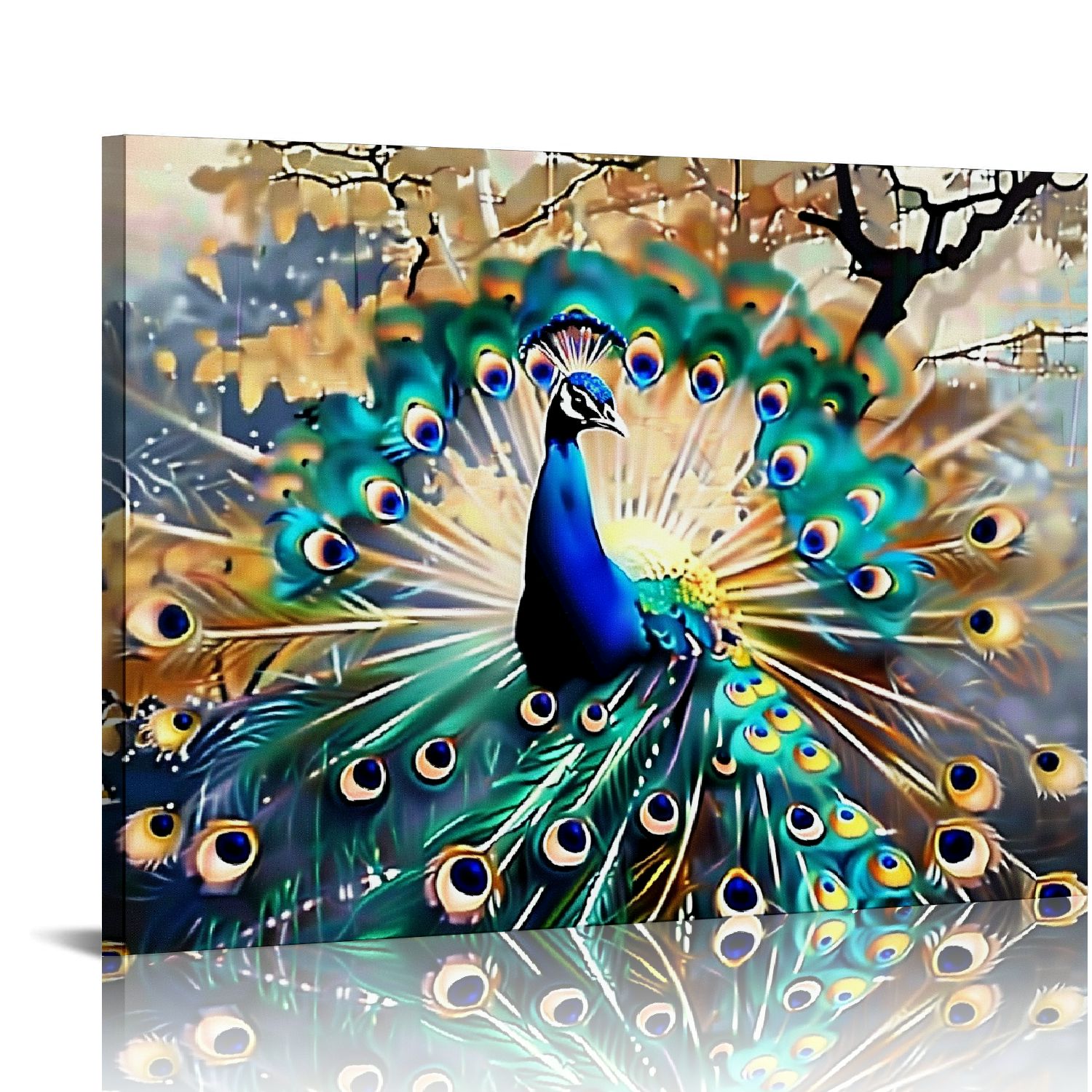 Peacock Wall Art Peacock Golden Tree Pictures Wall Decor Colorful Bird ...