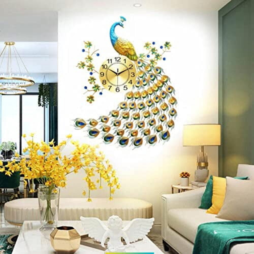 Peacock Wall Clock, 3D Metal Large Watch Living Room Modern Wall Clock ...