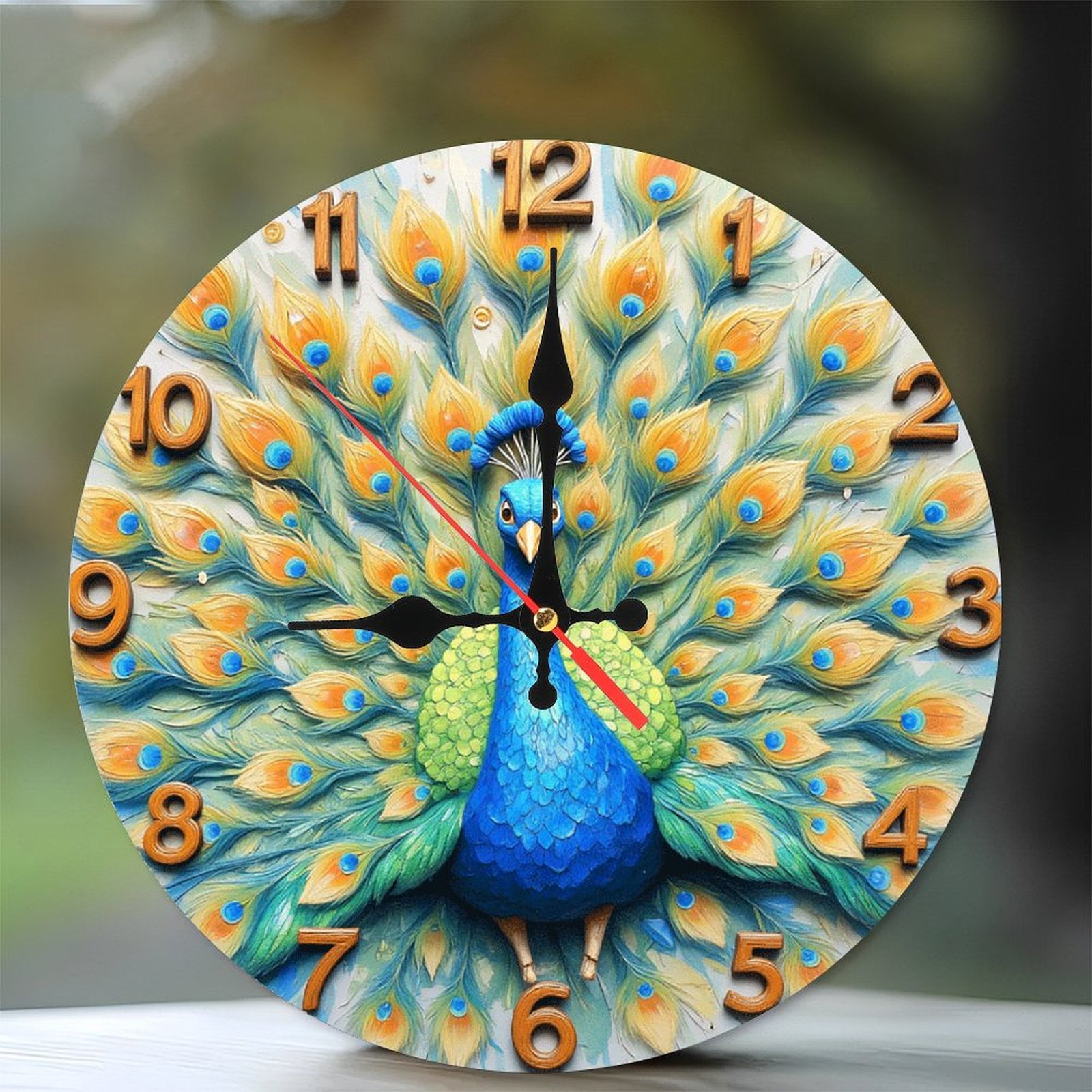 Peacock Wall Clock Art Decor Unique Home Accent 10-Inch Silent Wooden ...