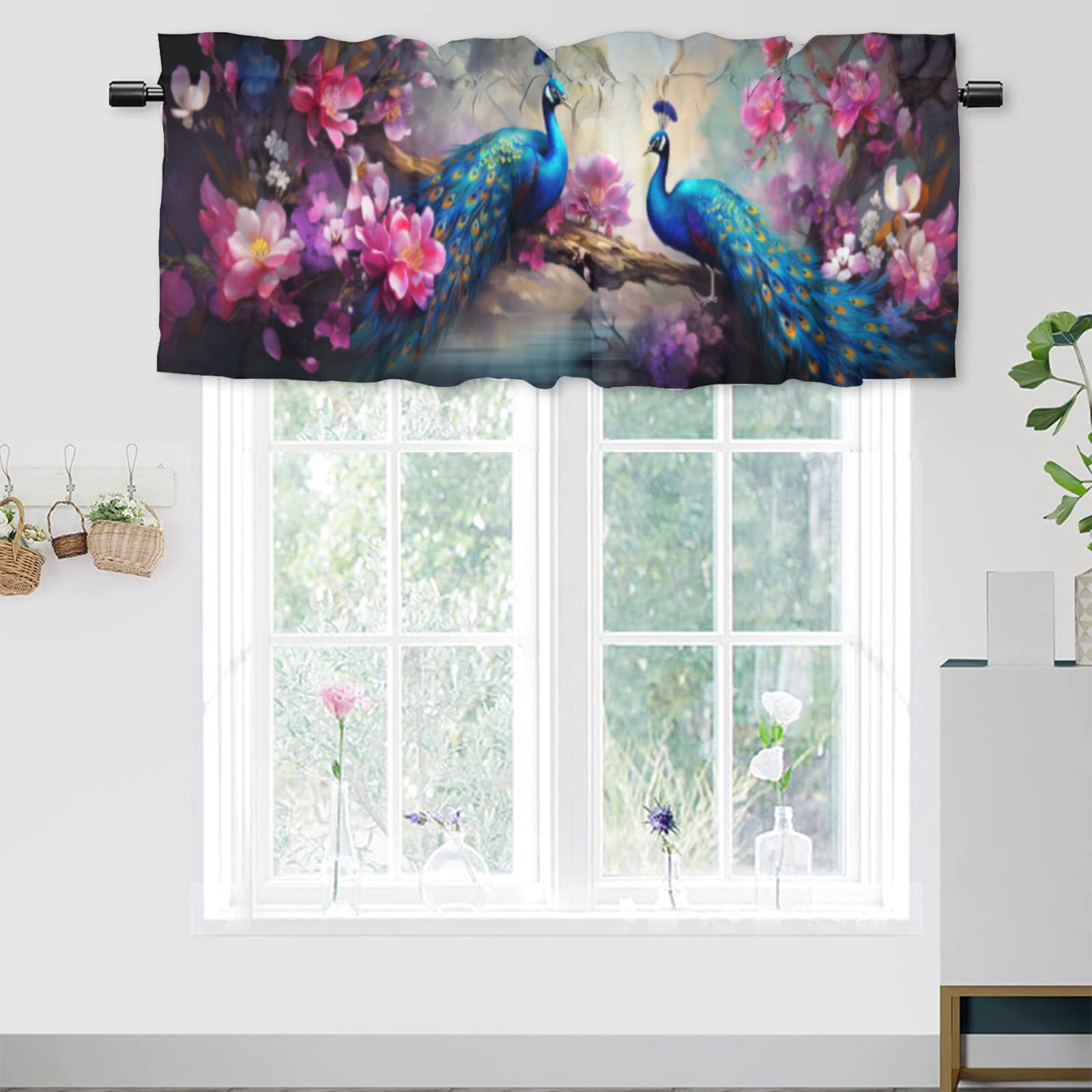 Peacock Window Curtain Valances Blue Beautiful Bird Flower Plant ...