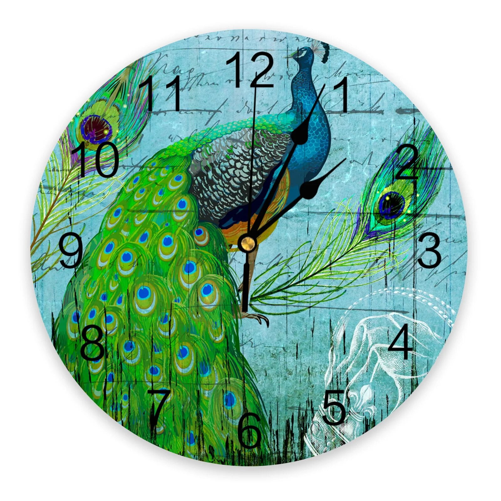 Peacock Wood Grain Feather Retro PVC Wall Clock Modern Design Living ...
