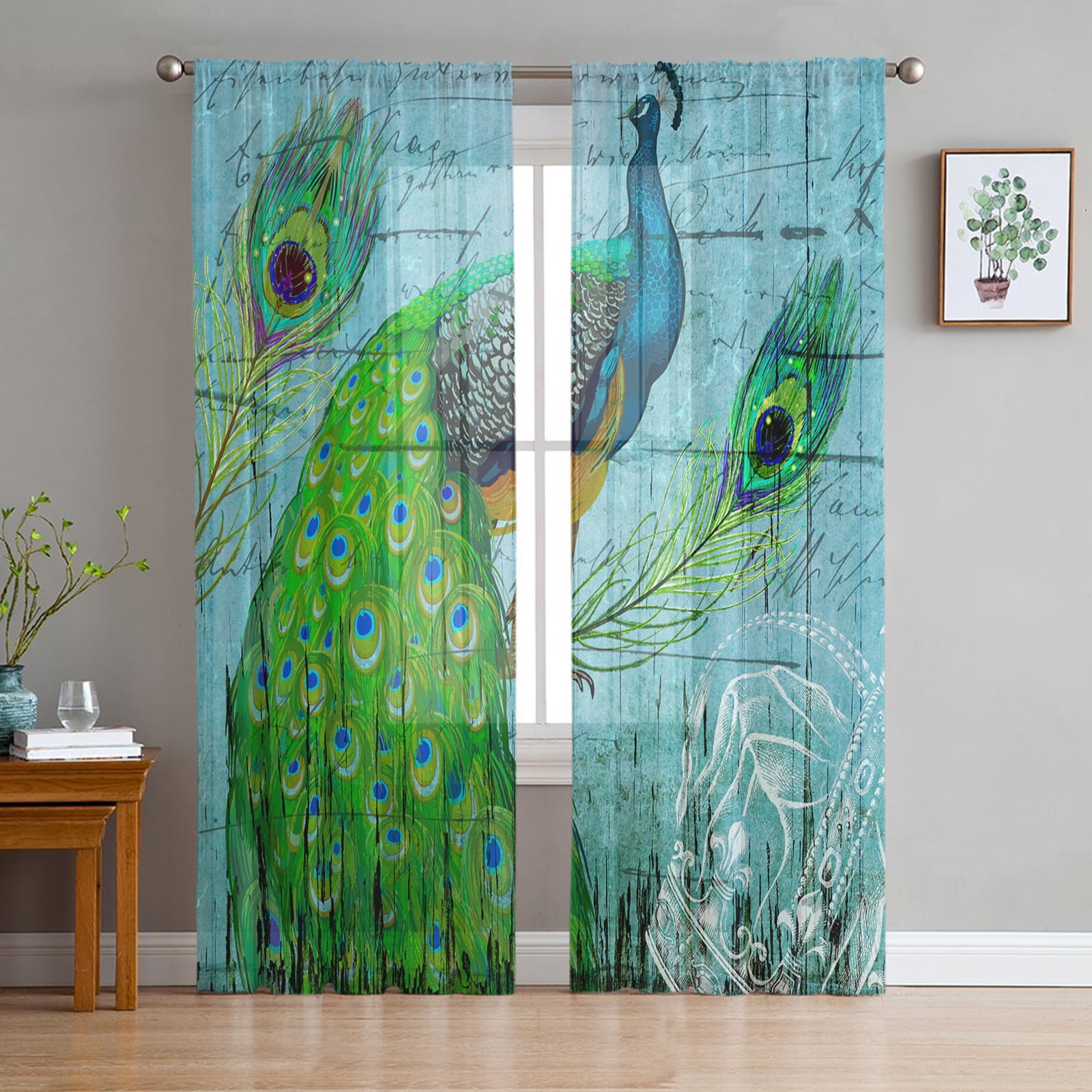Peacock Wood Grain Feather Retro Voile Tulle Sheer Curtains for Bedroom ...