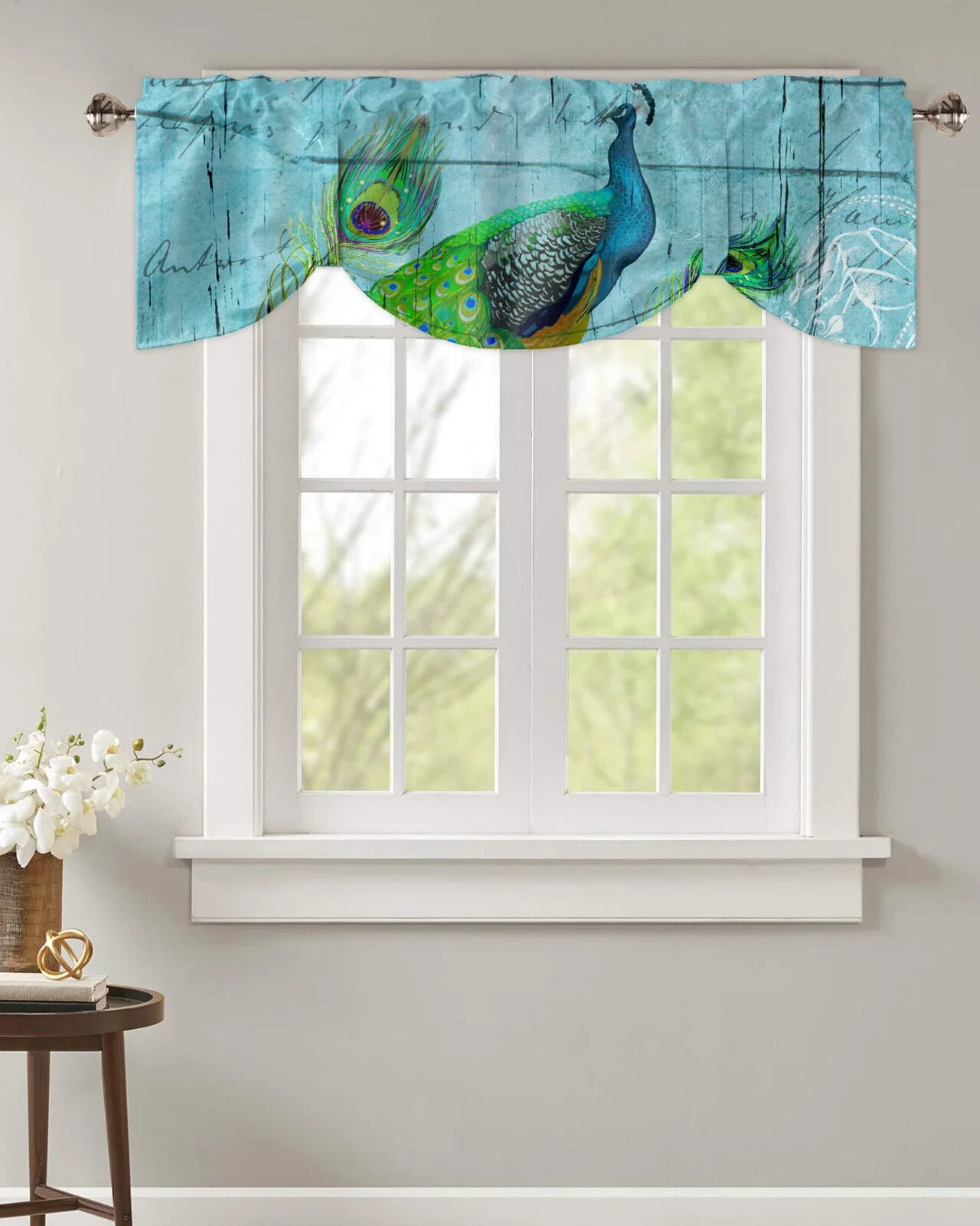 Peacock Wood Grain Feather Retro Window Valance Curtain Kitchen Cafe ...