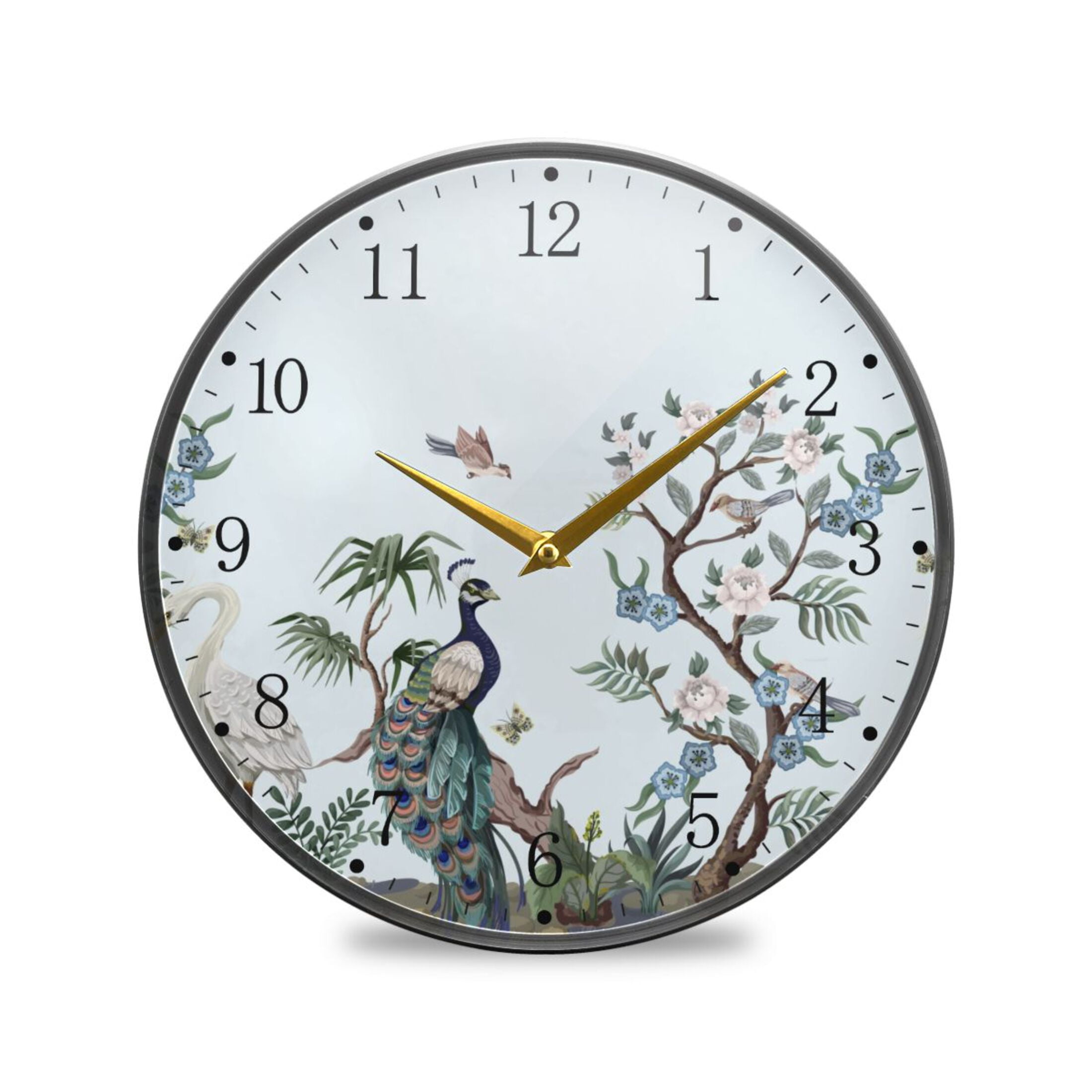 Peacock and Flowers Acrylic Wall Clocks Quiet Round Clock Battery ...