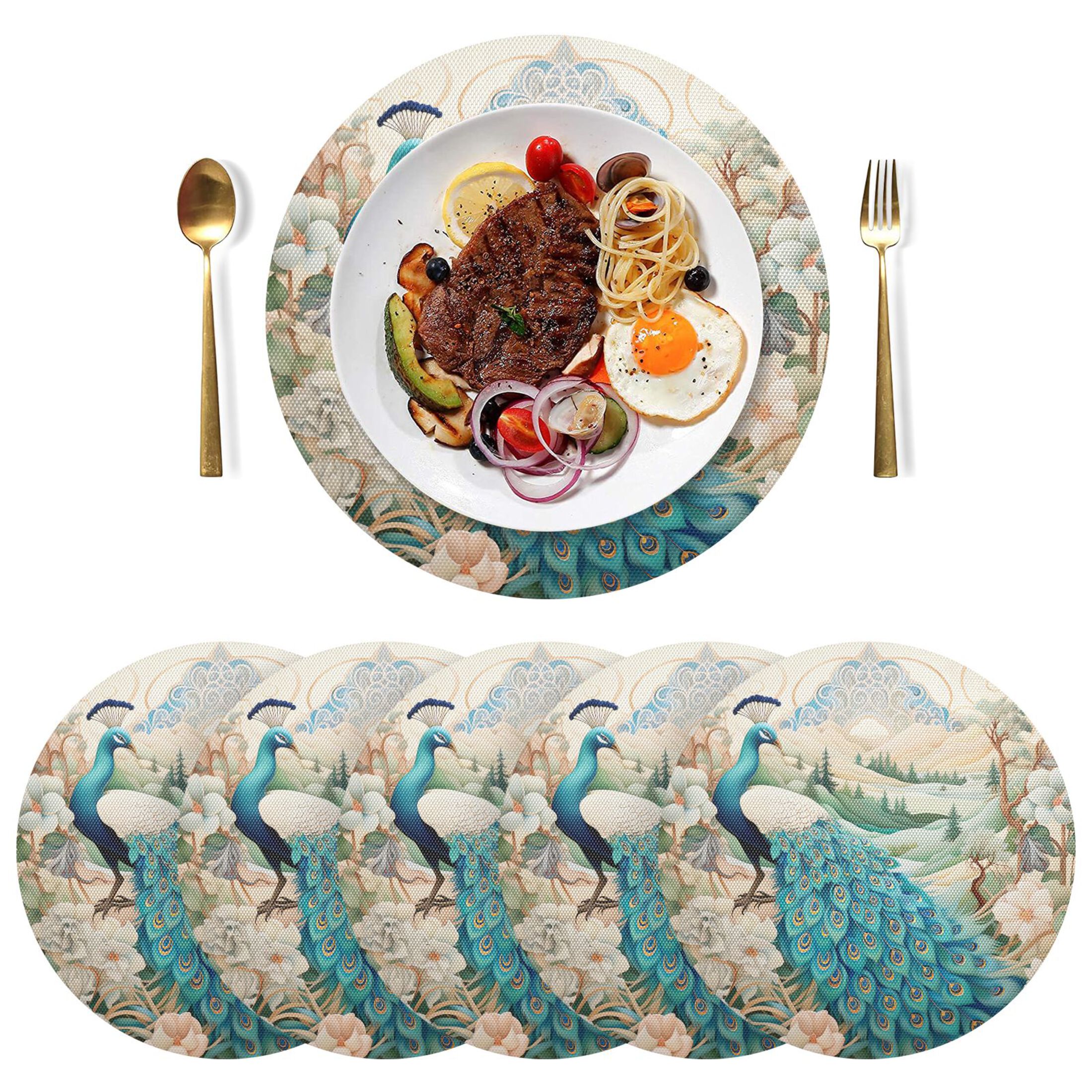 Peacock and Flowers Round Plate Mats Non-Slip Place Mat Washable PVC ...