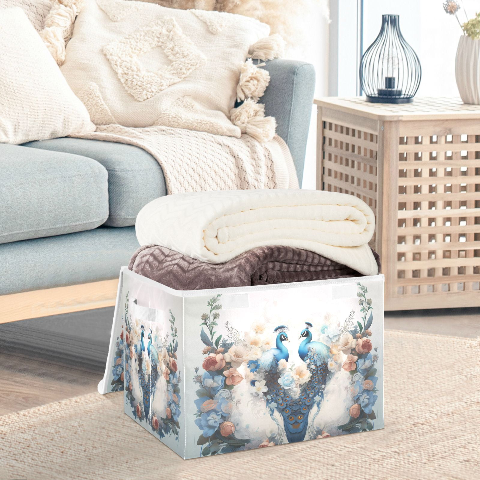 Peacocks Flowers Floral Leaves Green Storage Basket Foldable Laundry ...