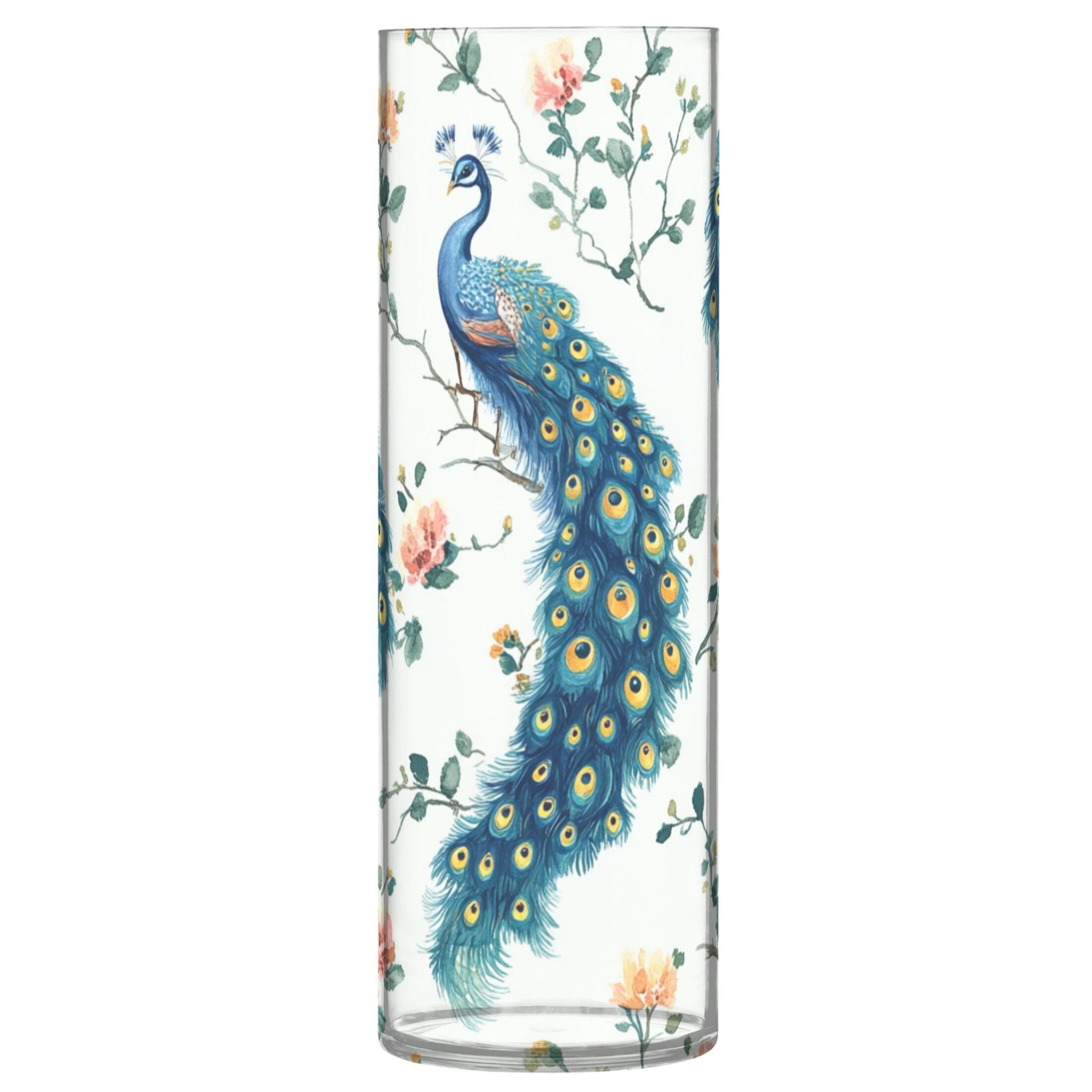 Peacocks on Branches Flowers Leaves Plastic Cylinder Vase Translucent ...