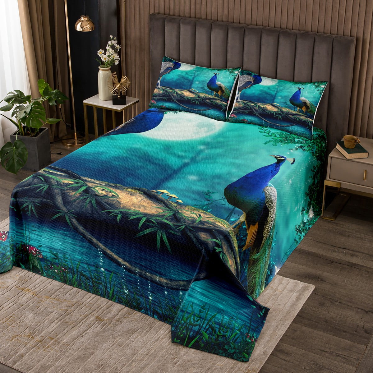 Peafowl Bedspread Set Peacock Peahen Quilt Set Queen for Boys,Southern ...