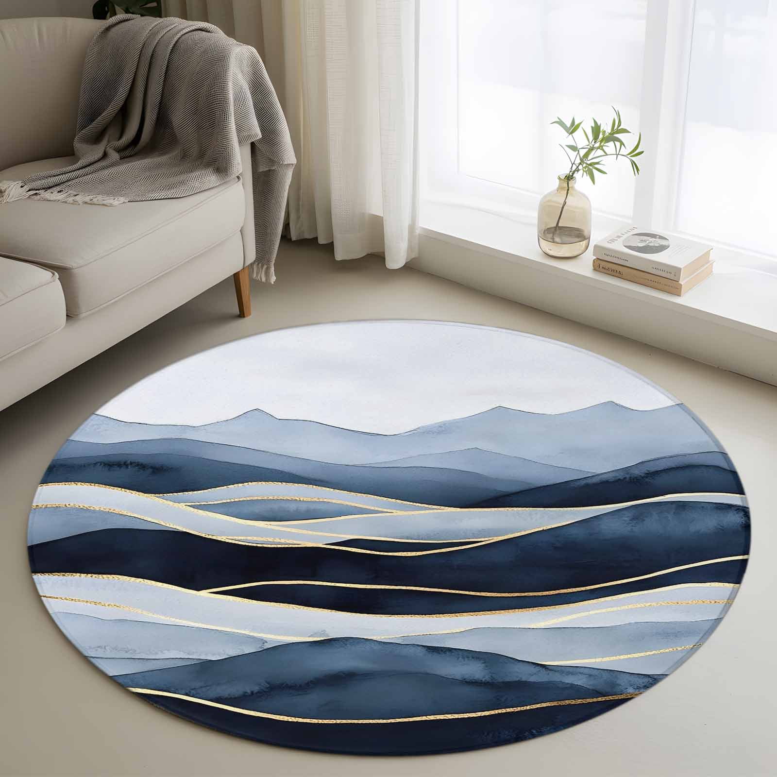 Peak Golden Texture 3FT Round Area Rugs for Living Room Blue Watercolor ...