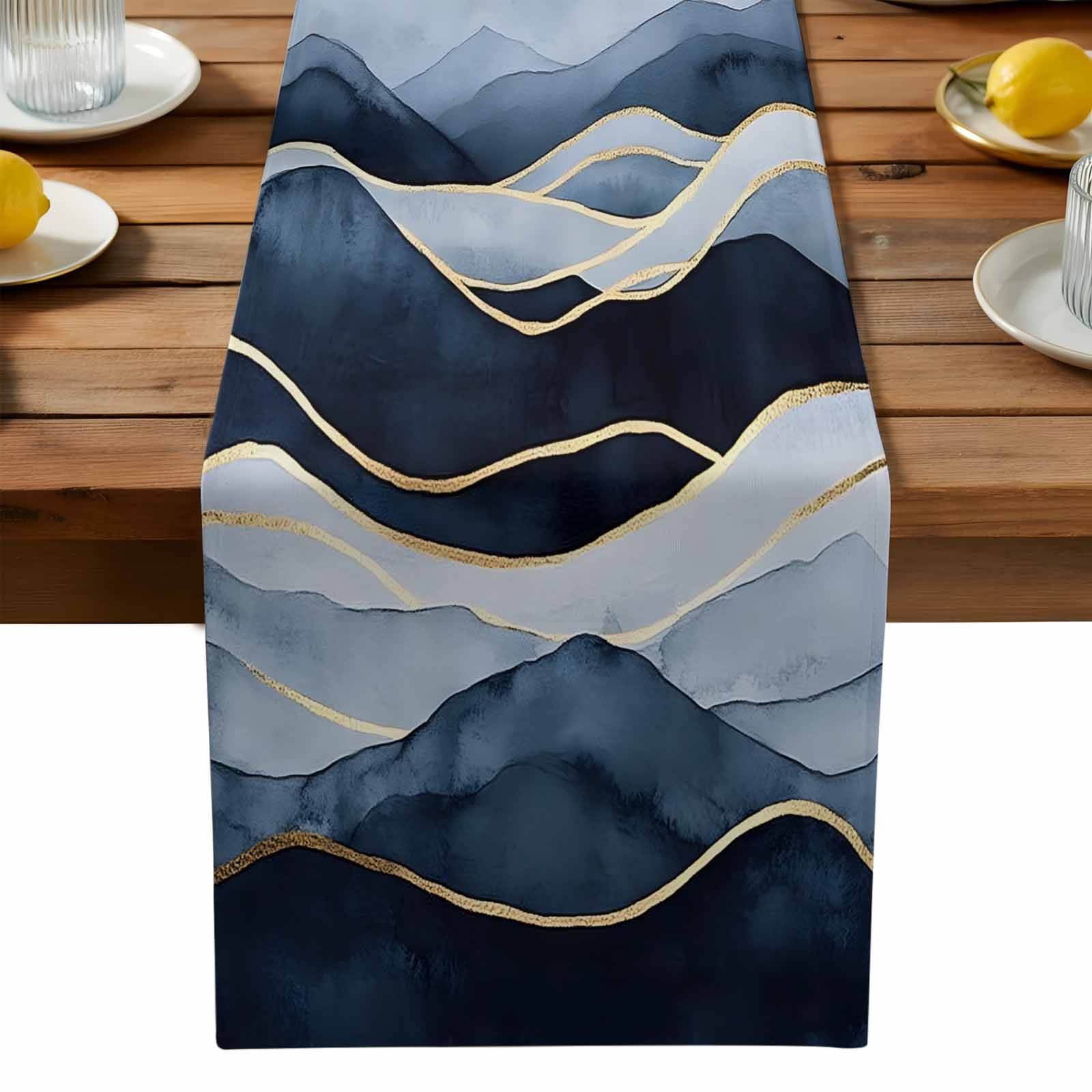 Peak Golden Texture Table Runner, Blue Watercolor Cloud Diffuse Effect ...