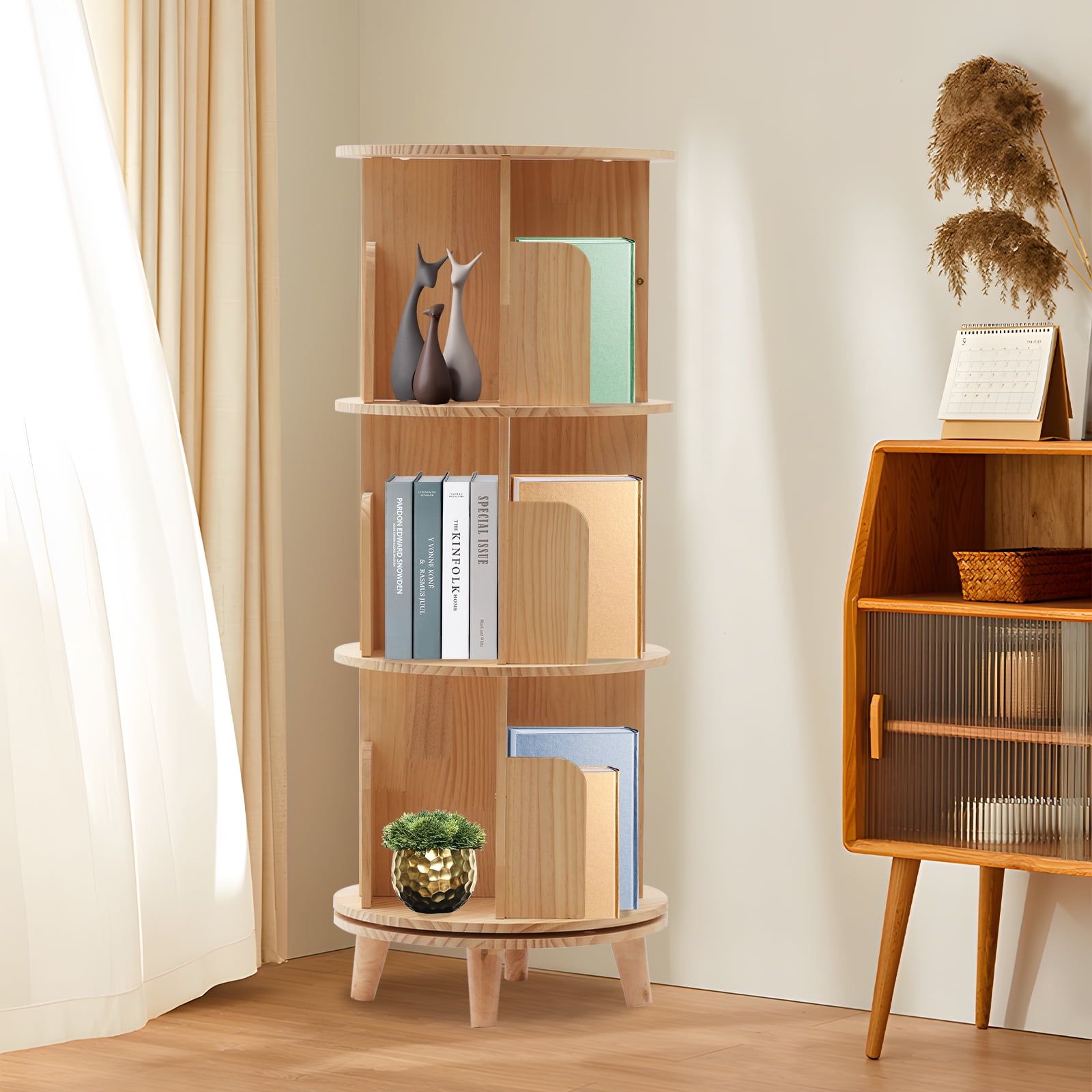 Peakora 3-Tier 360° Rotating Bookshelf Wood Multi-functional Bookshelf ...