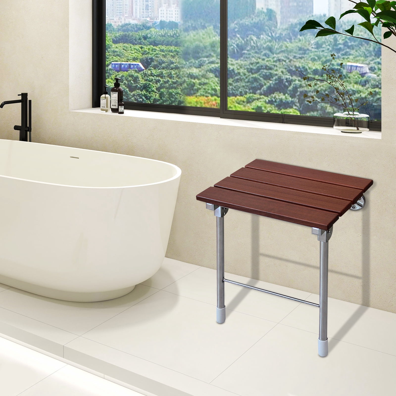 Peakora Folding Wooden Shower Chair, Wall Mounted Shower Chair ...
