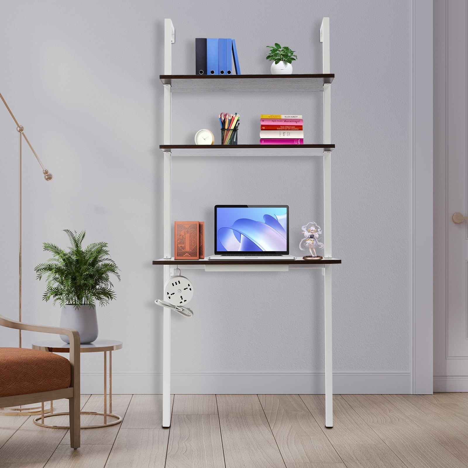 Peakora Space-Saving Wall-Mounted Desk with 3-Tier Shelving, High Load ...