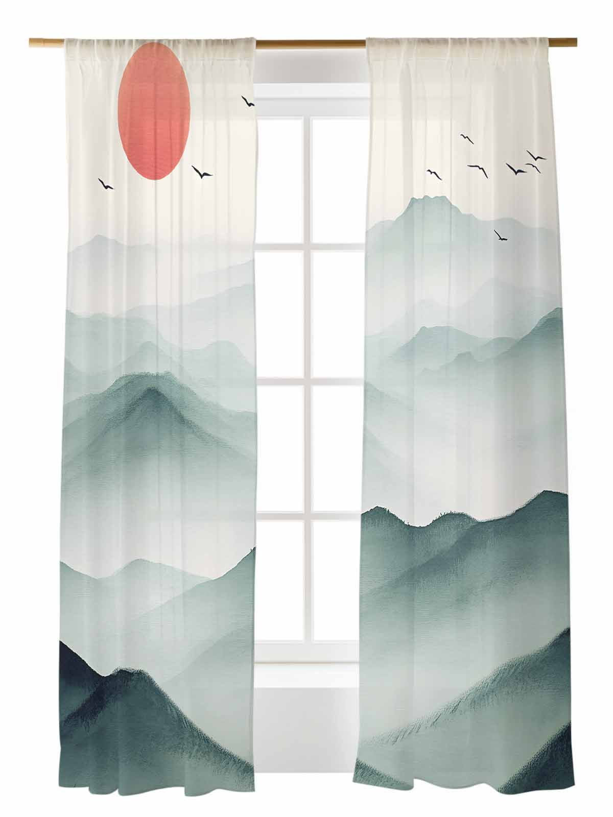 Peaks Sun Sheer Curtains 84 Inch Long 2 Panels, Scenery Bird Gradient ...