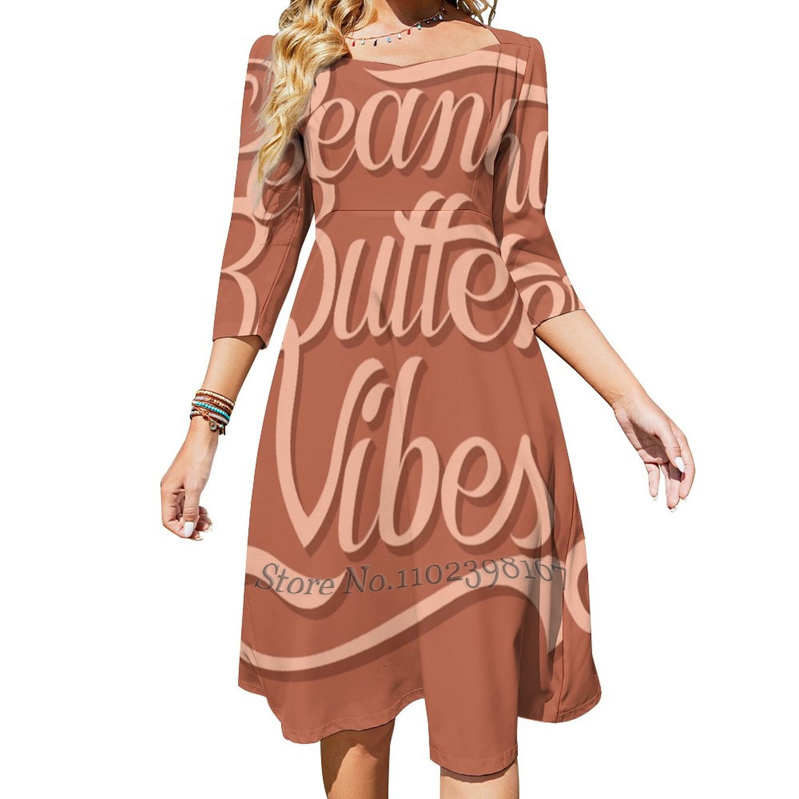 Peanut Butter Vibes Flare Dress Square Neck Dress Elegant Female Fashion Printed Dress Peanut ...