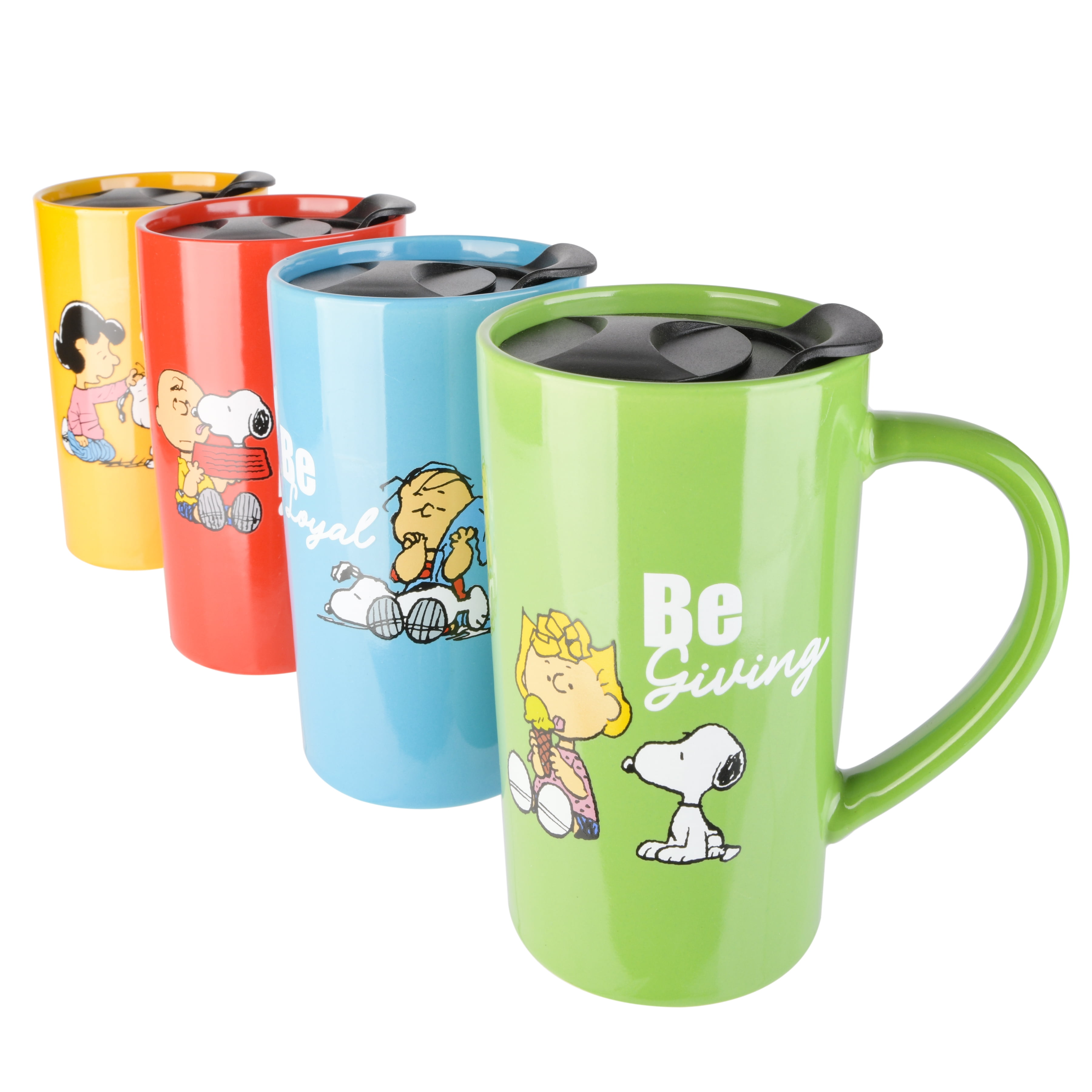 Snoopy Peanuts 4 Pack 18 oz Microwaveable Stoneware Travel Mugs with ...