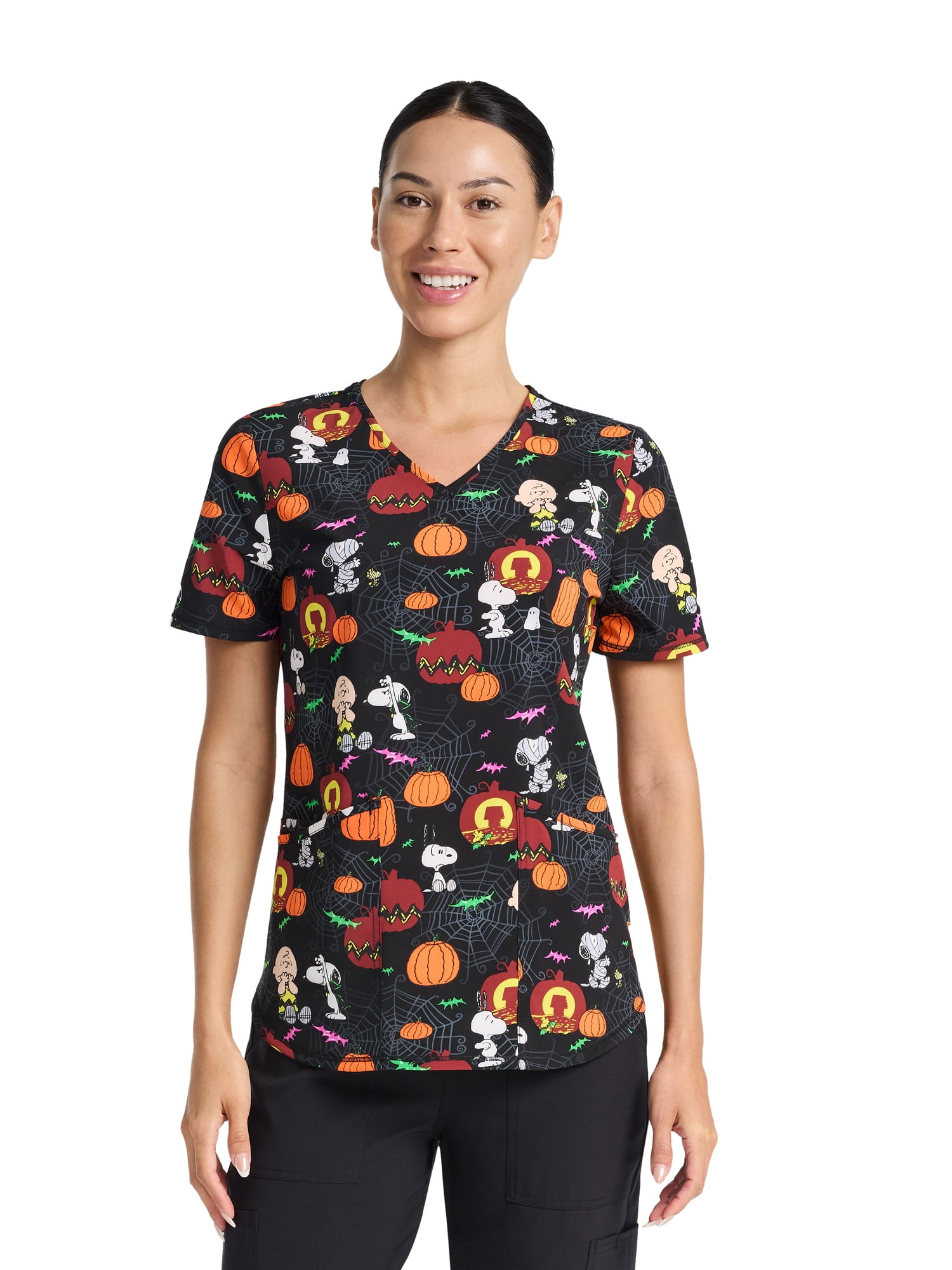 Peanuts Charlie Brown Spooky Snoopy Women's V-Neck Print Scrub Top ...