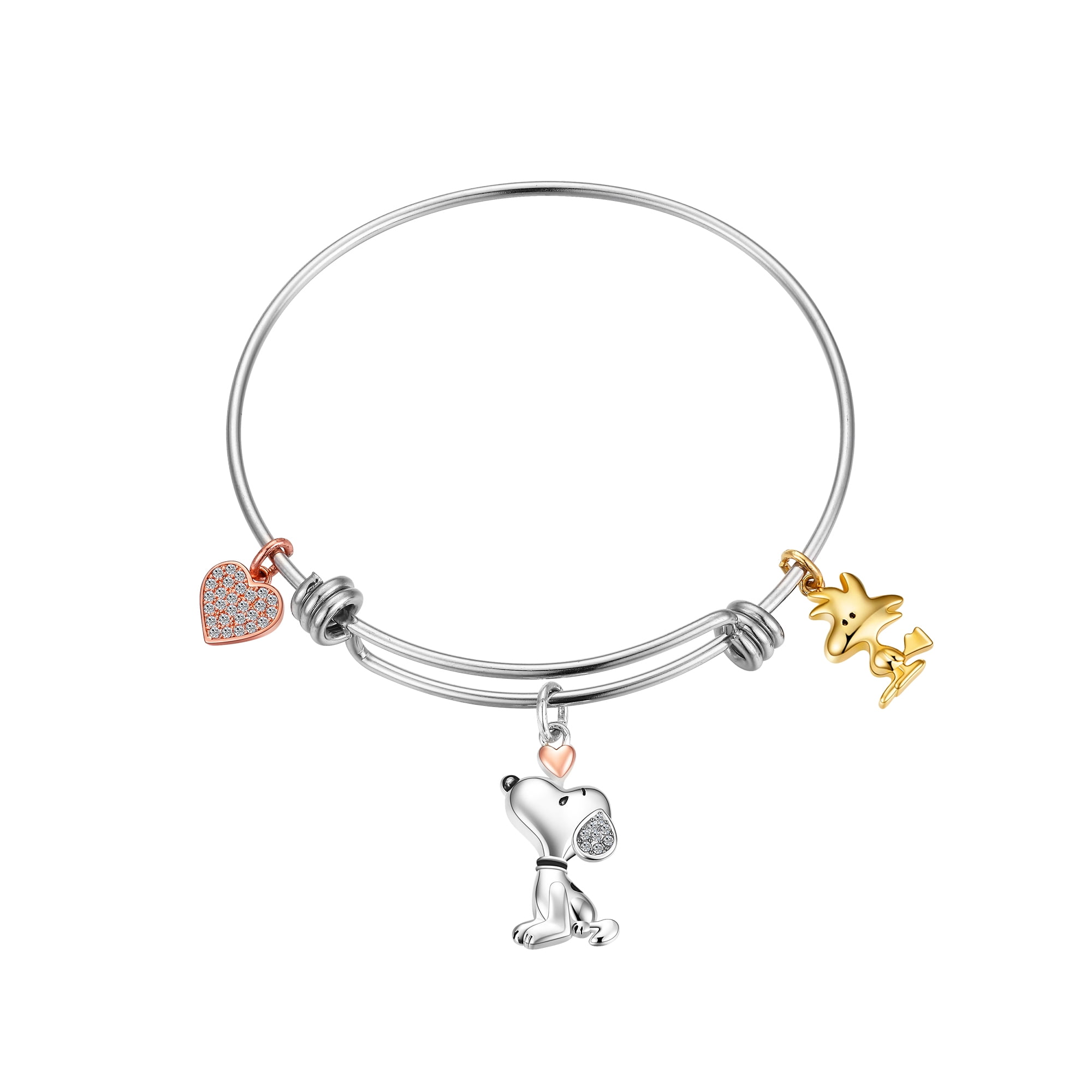 Peanuts Fine Silver Plated Crystal Snoopy Woodstock Heart Charm Bangle ...