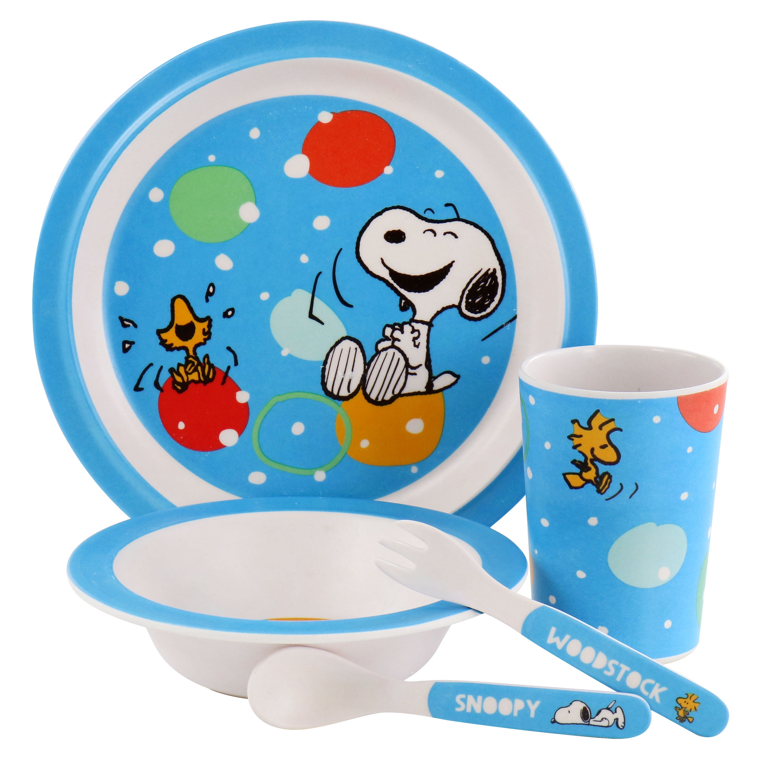 Peanuts Fun Times 5 Piece Kid's Bamboo Melamine Dinnerware Set in Blue ...