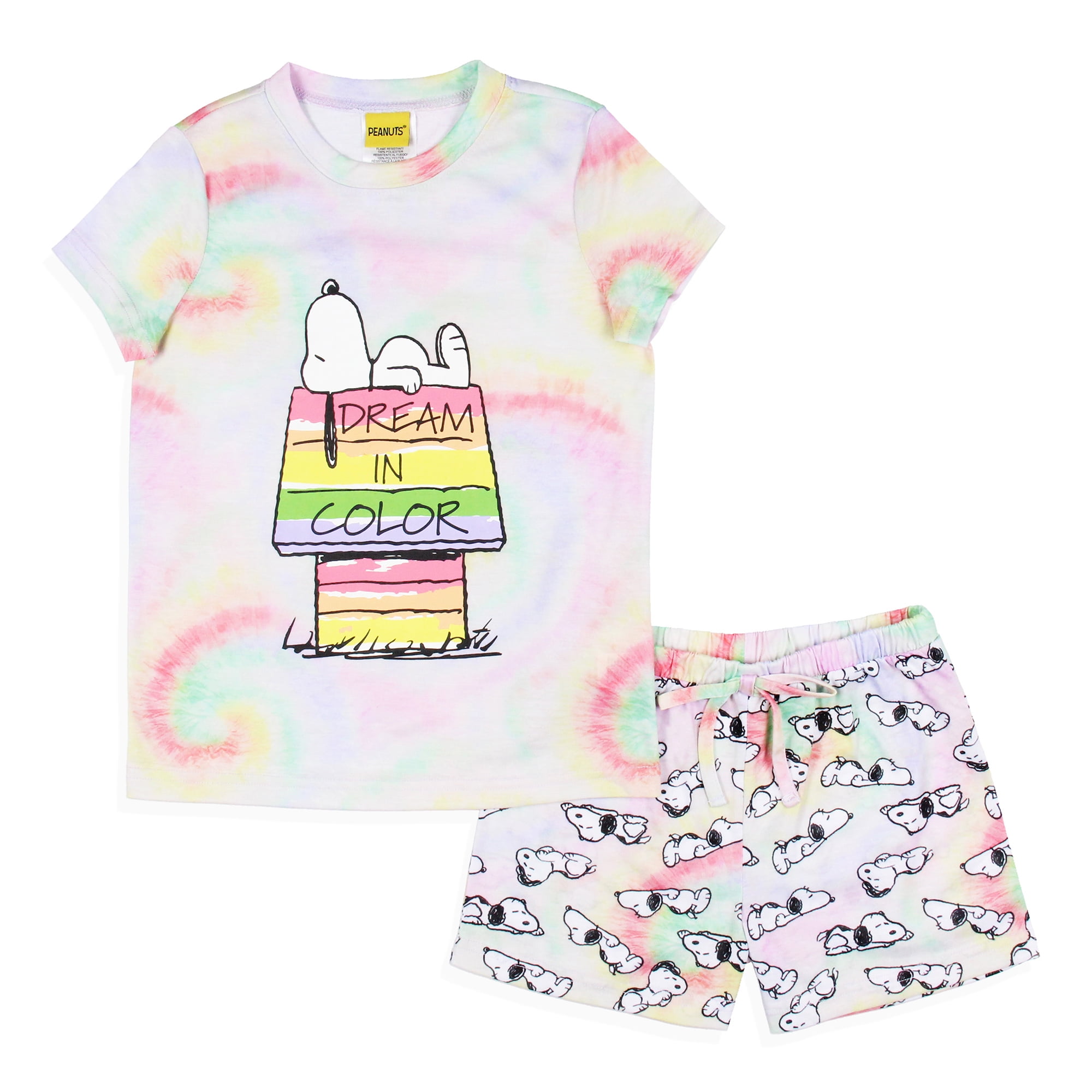 PJammy Peanuts Girls' Snoopy Tie-Dye Pajama Set, Dream in Color Shorts ...
