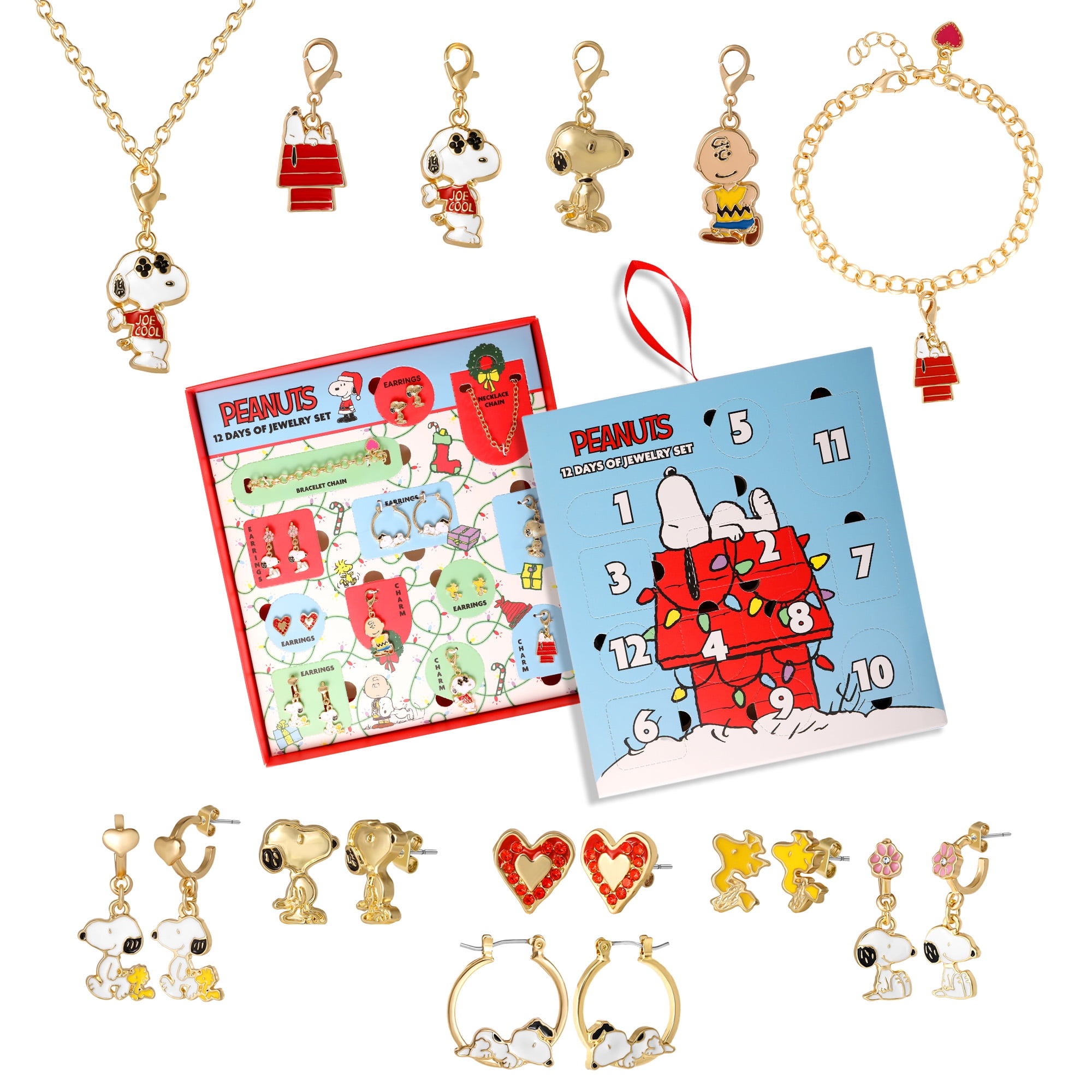 Peanuts Snoopy Jewelry Advent Gift Set: 12 Piece Earrings Necklace ...