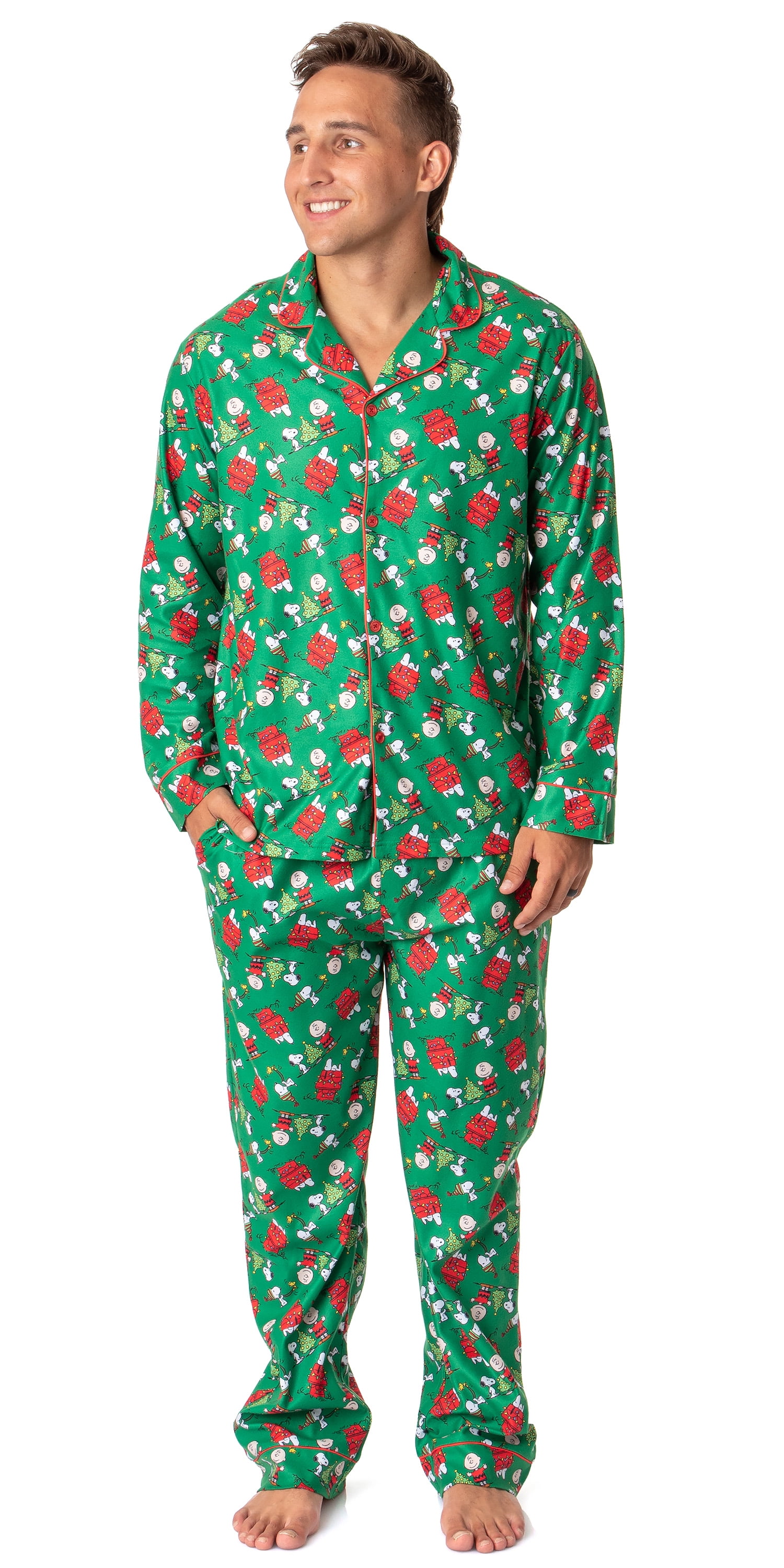 PJammy Peanuts Men's Christmas Snoopy Charlie Brown Pajama Set, Button ...