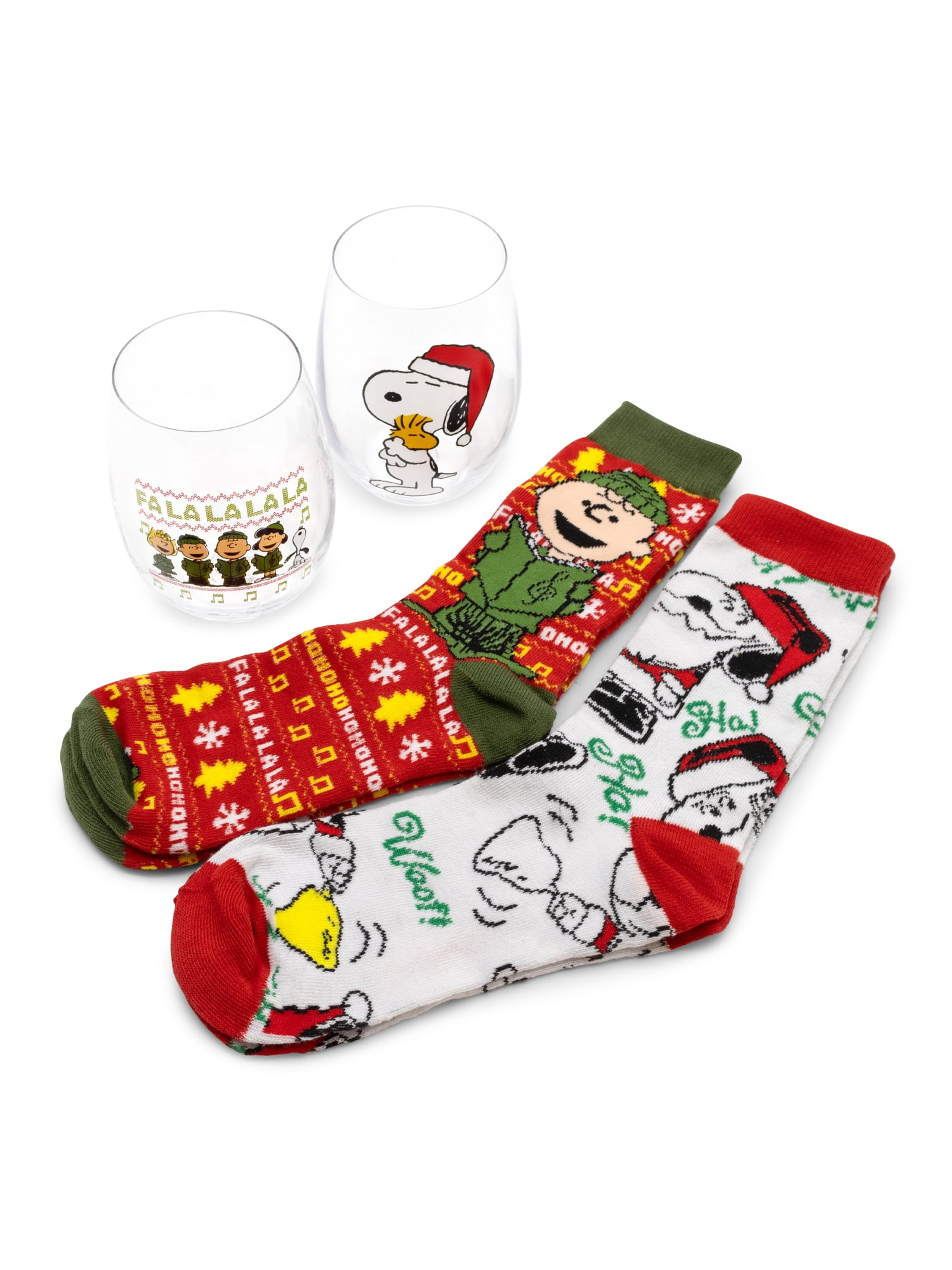 Peanuts Sip & Sock Set, Two Stemless Glasses (18 oz), Two Pairs of ...