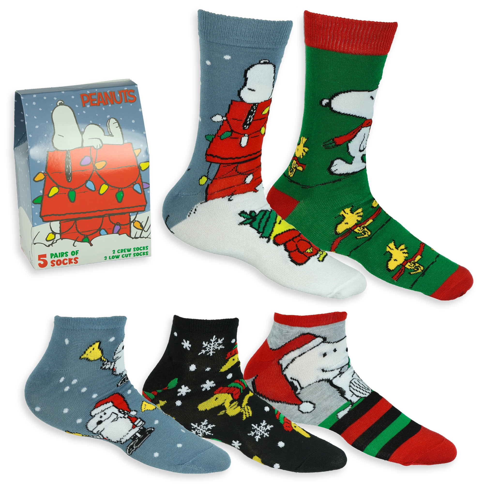 Peanuts Snoopy and Woodstock Adult 5 Pair Socks 2 Crew 3 Low Cut in ...