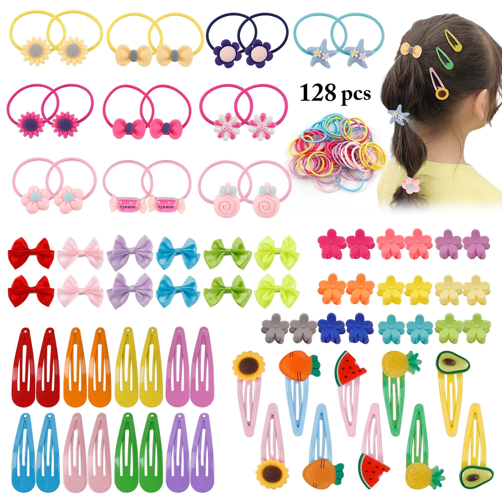 Peaoy 128Pcs Kids Hair Set: Mini Claw Clips, Snap Bows, Hair Ropes ...