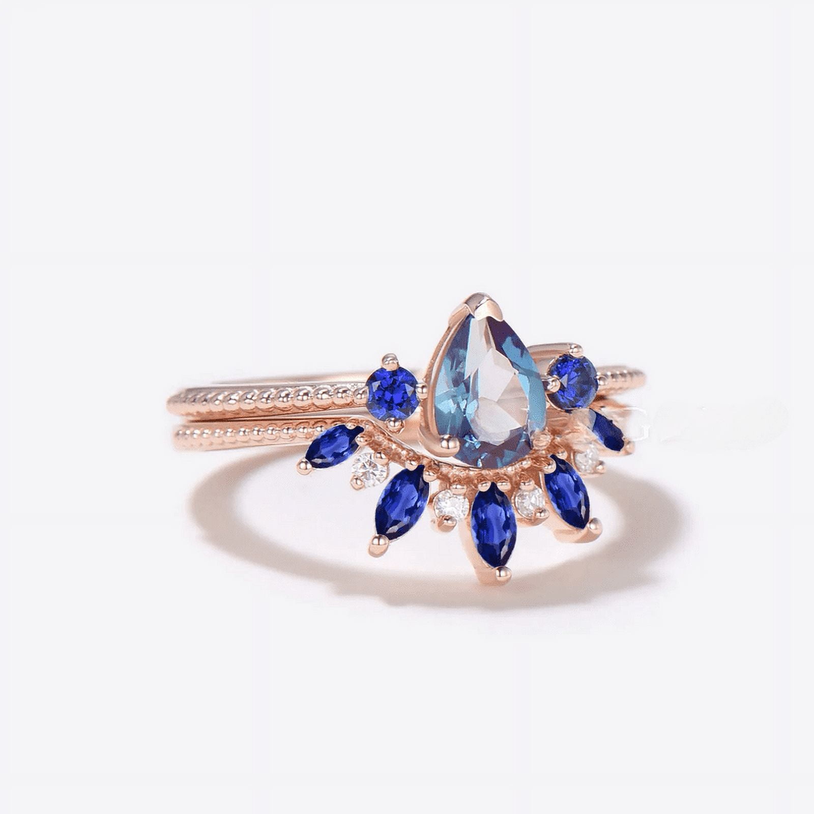 Pear Cut Alexandrite Engagement Ring Set in 14k Rose Gold Finish Blue ...