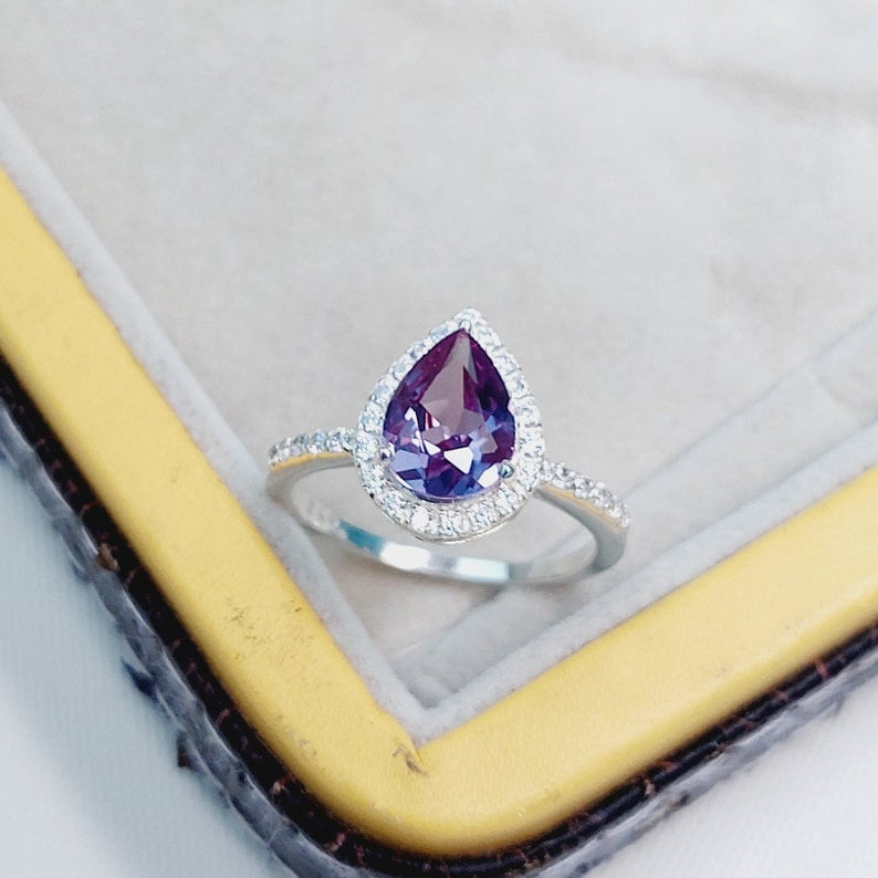 Pear Cut Alexandrite Ring 925 Sterling Silver Ring Zircon Accented Halo ...