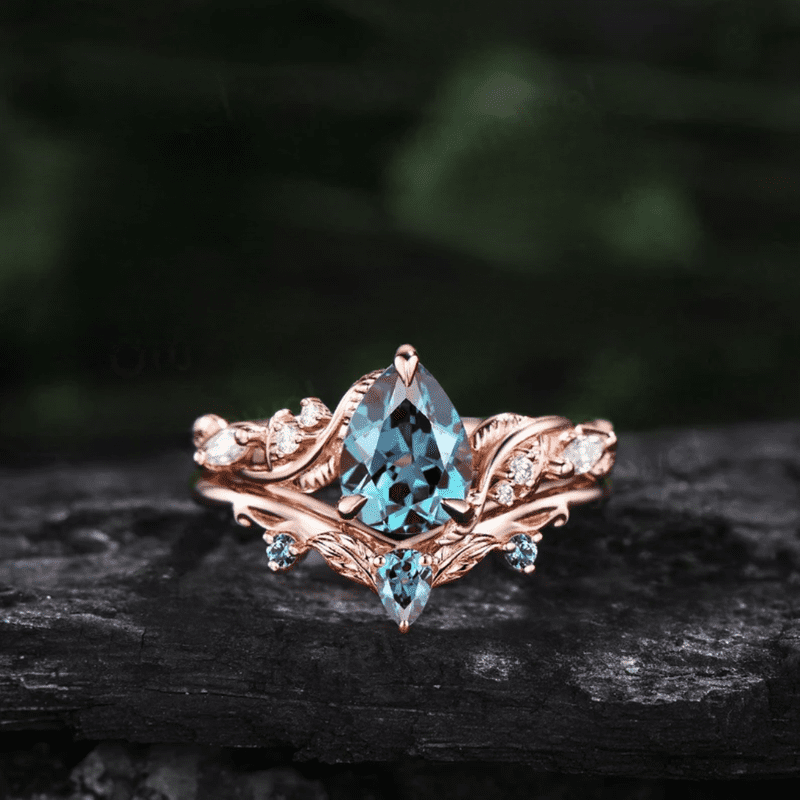 Pear Cut Alexandrite Ring Vintage Leaf inspired Engagement Ring Set in ...
