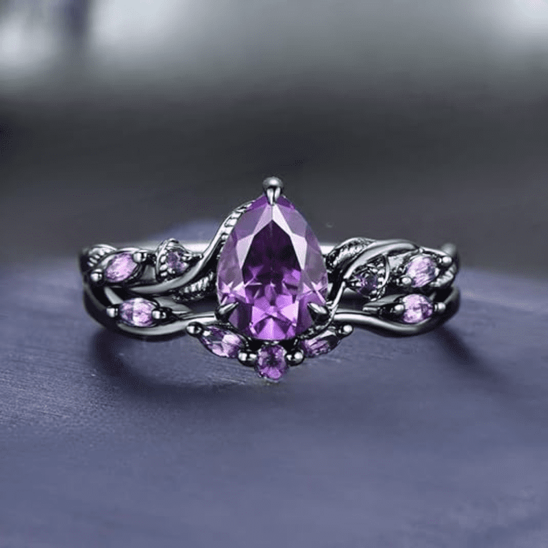 Pear Cut Amethyst Nature Inspired Ring Set in 14k Black Gold Finish ...